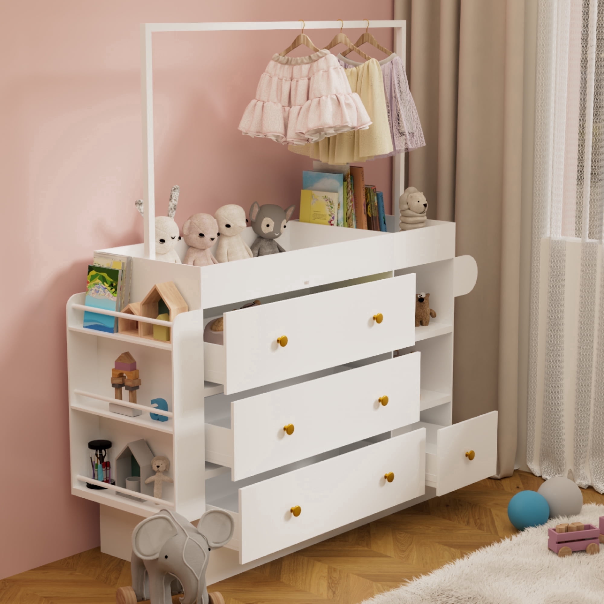 Modern Changing Table Dresser - 3 Extra-Deep Drawers, Storage Shelves ...