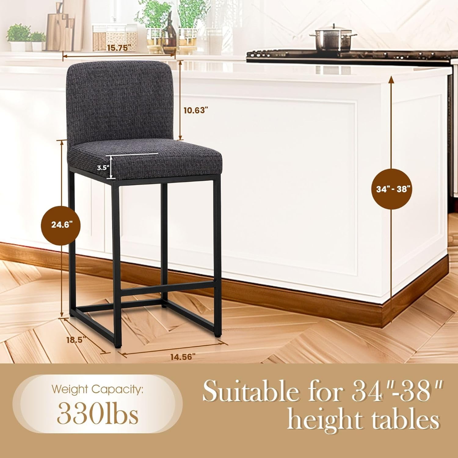 Modern Chenille Bar Stools Set of 4, Grayish Black, 24" Counter Height ...