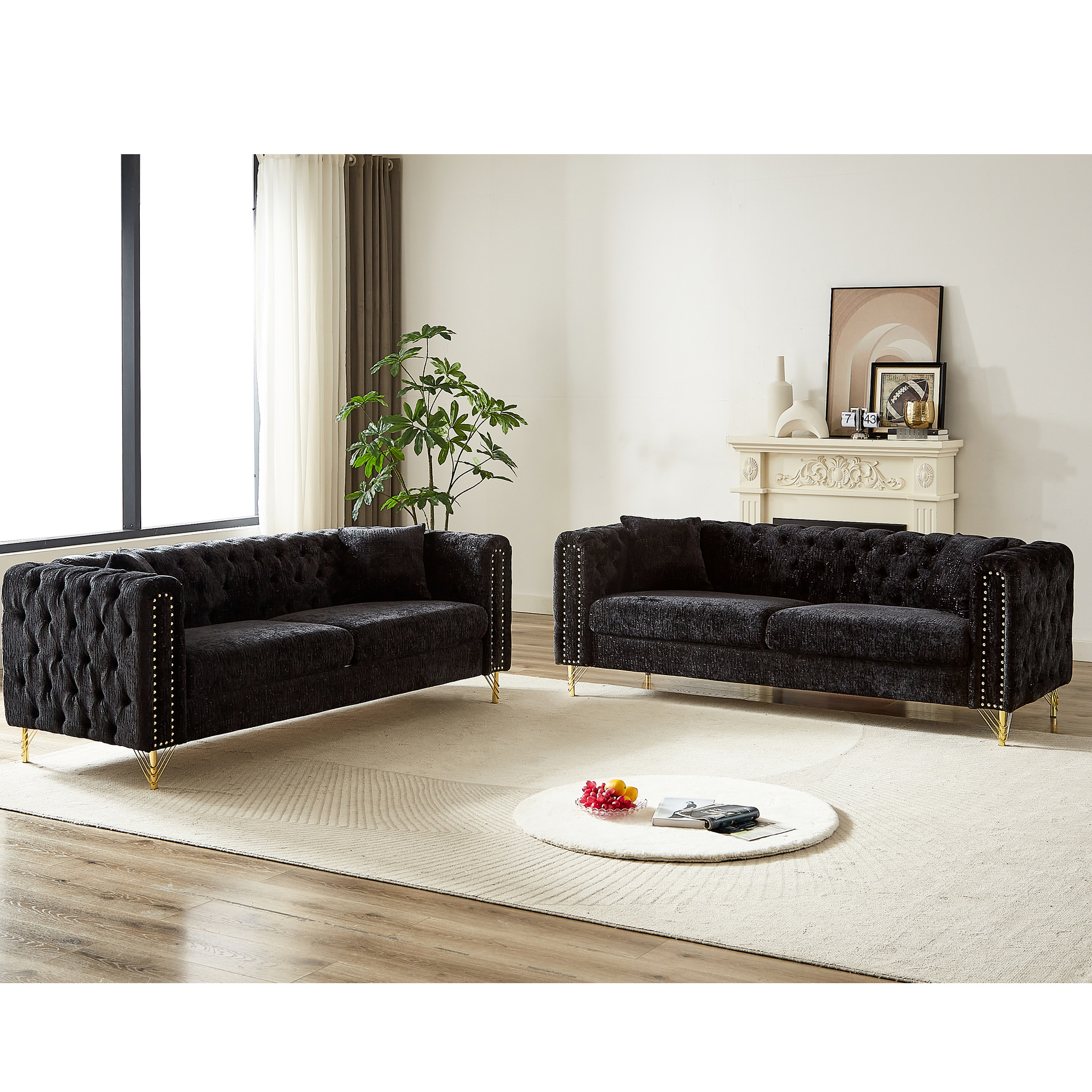 Modern Chenille Couch For Living Area, Button With Copper Nail Accents ...