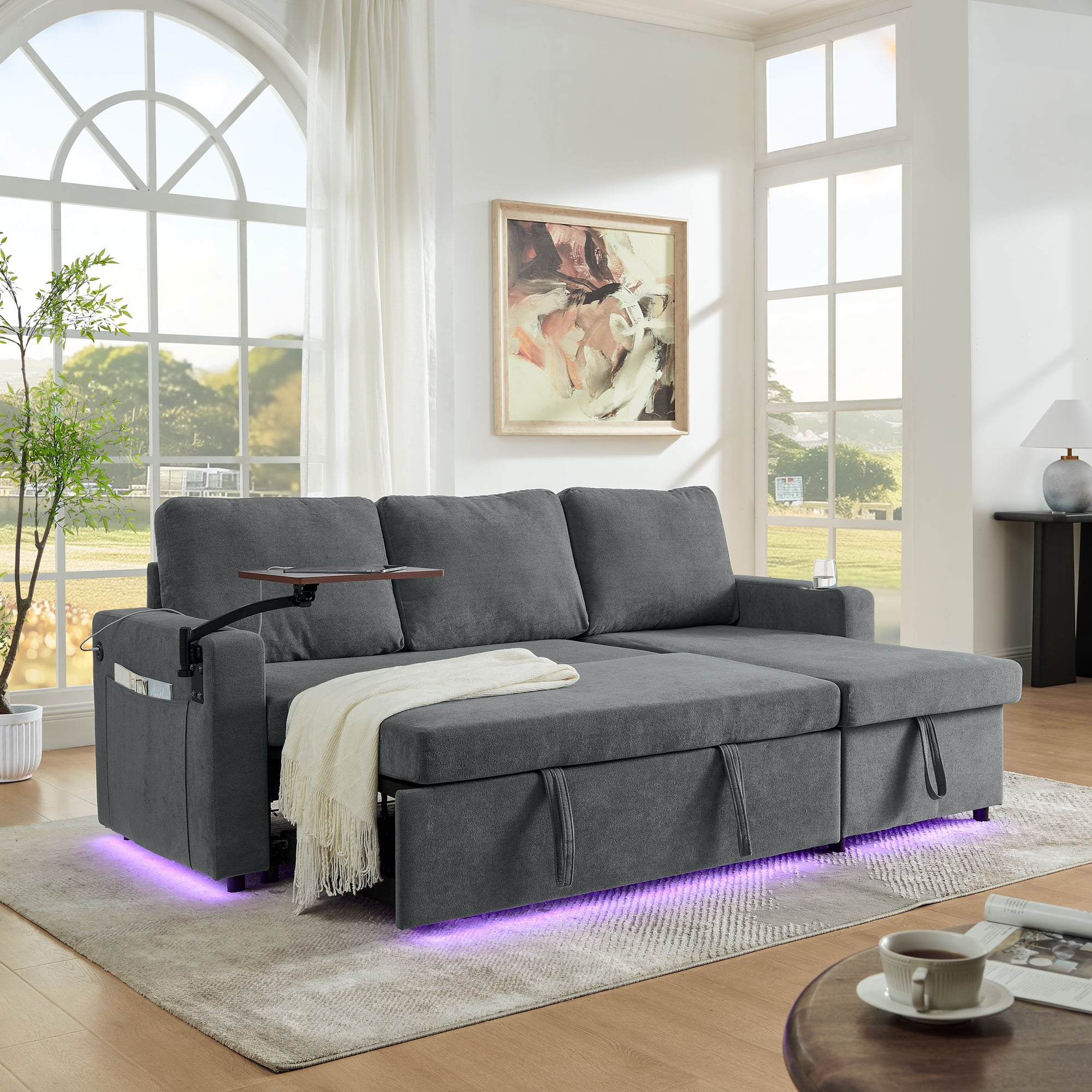 Modern Chenille 3-Seater Pull-Out Sofa Bed, 85" Gray - Retractable ...