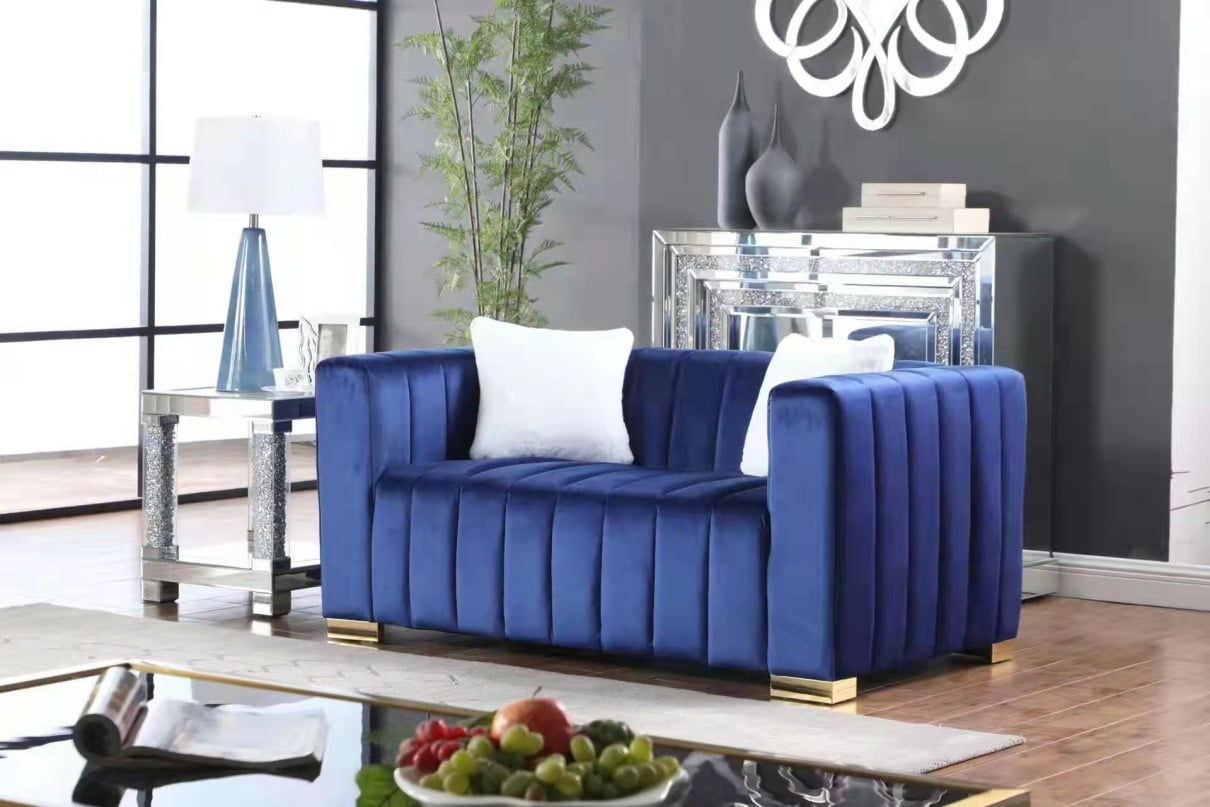 Modern Chesterfield Loveseat, Navy Blue Mid-Century Inspired Sofa ...