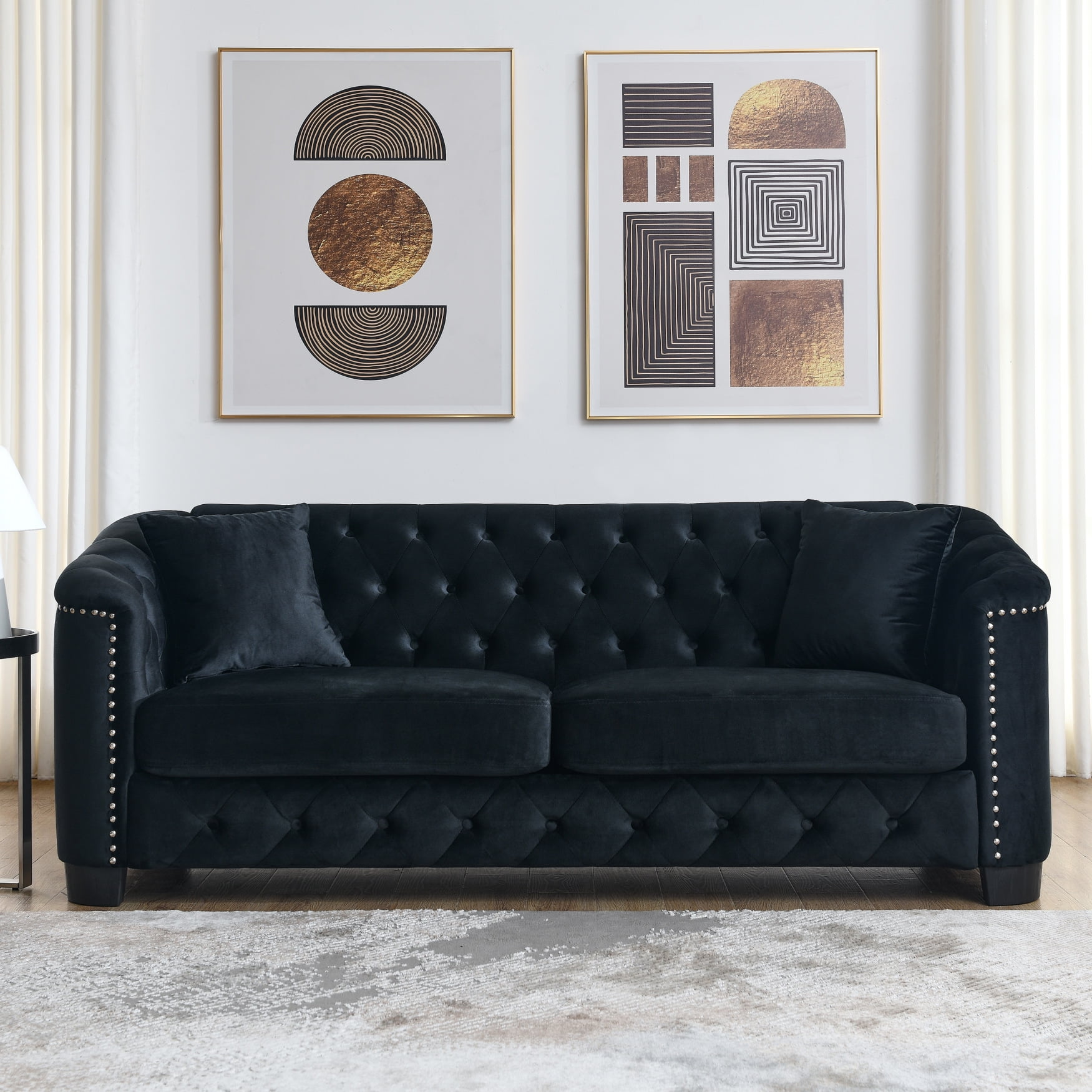 Modern Chesterfield Velvet 3-Seater Sofa with 2 Cushions, Upholstered ...