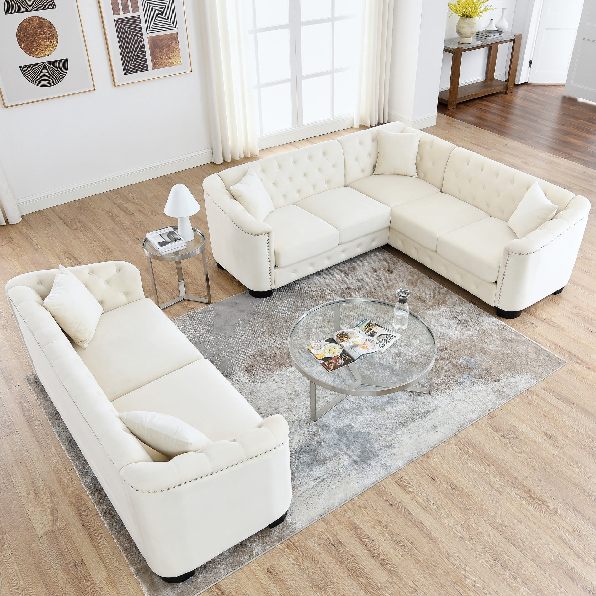 Modern Chesterfield Velvet 5-Seater Corner Sofa +3-Seater Combination ...