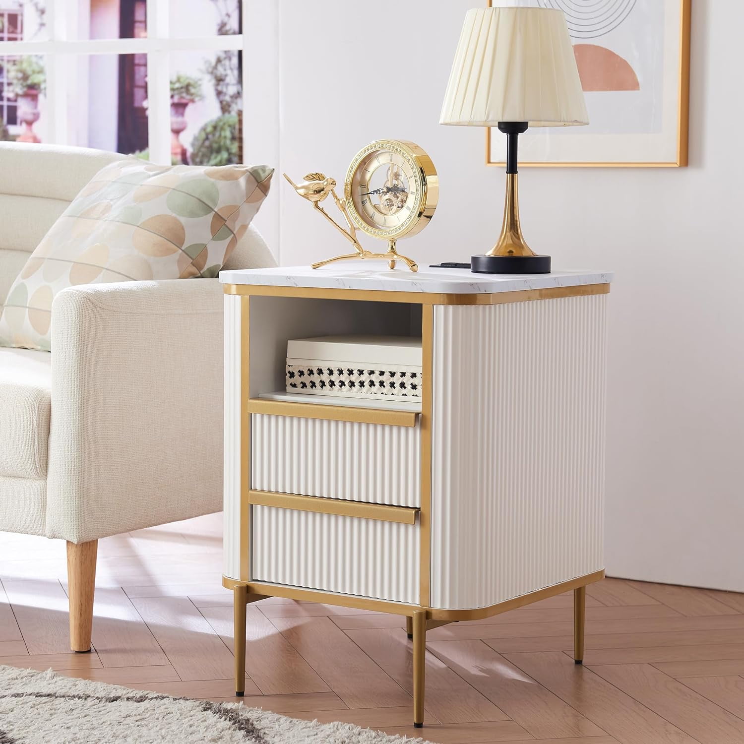 Modern Chic Fluted Nightstand Luxury with Charging Station, End Table/Bed Side Table w/2 Drawers ...