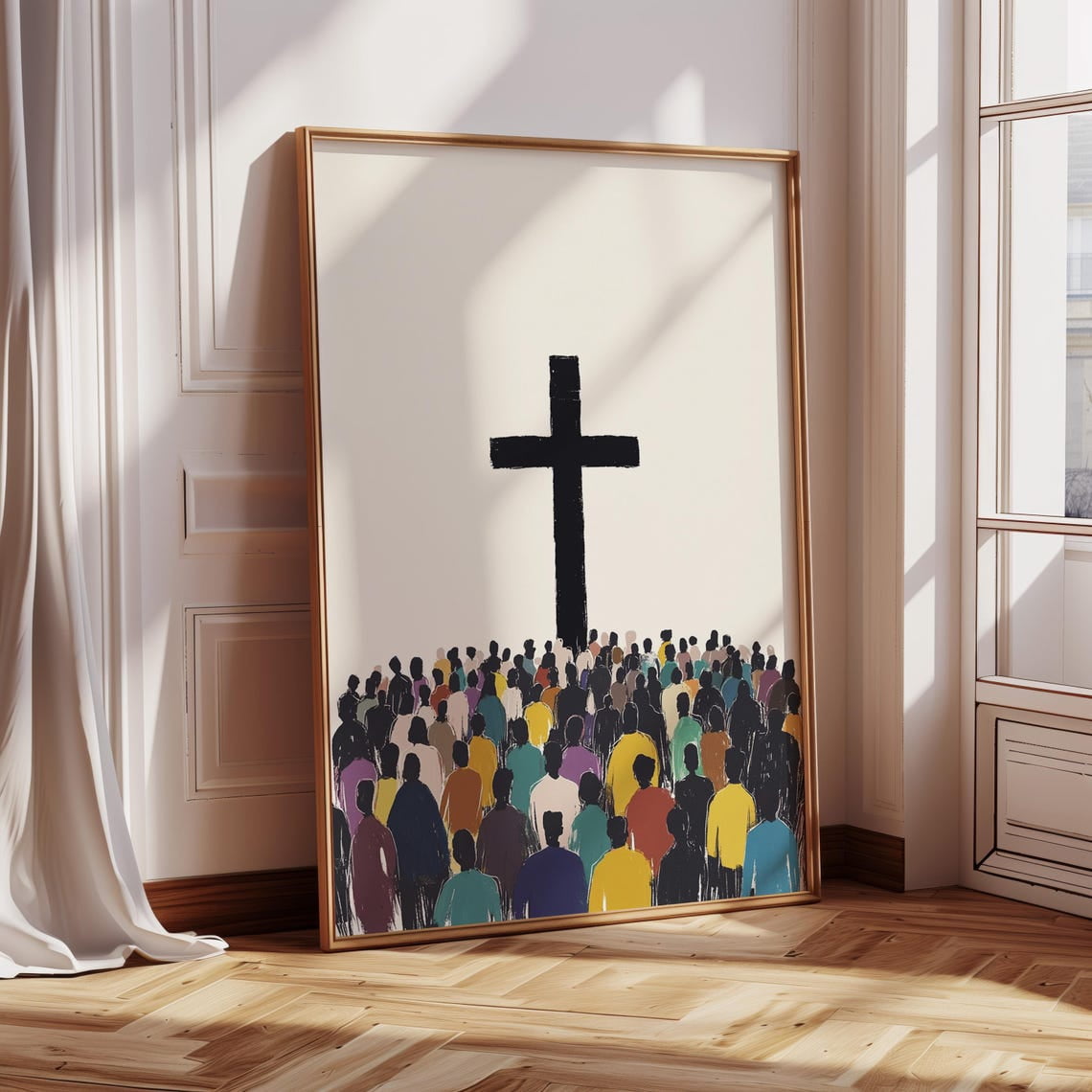 Modern Christian Wall Art Print, Crowd Gathered At Cross Faith-Based ...