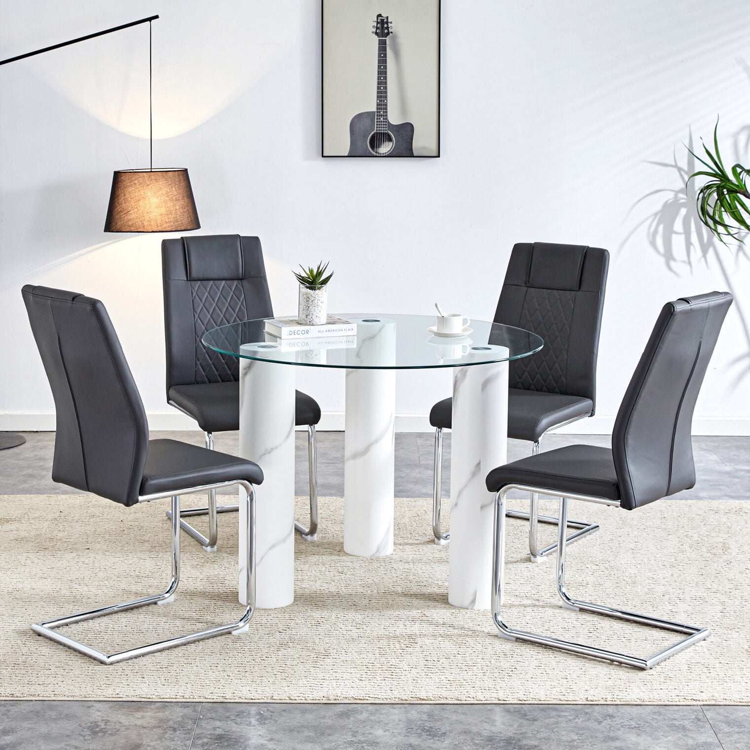 Modern Circular Dining Table with 4 Black Cushioned Chairs, Center ...