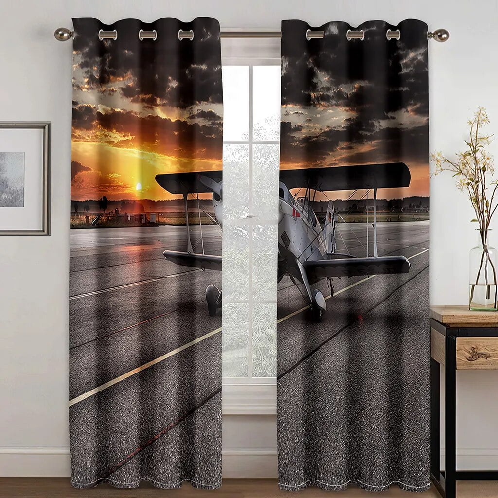 Modern City Street Night Scenery Black and White 2 Pieces Thin Window ...