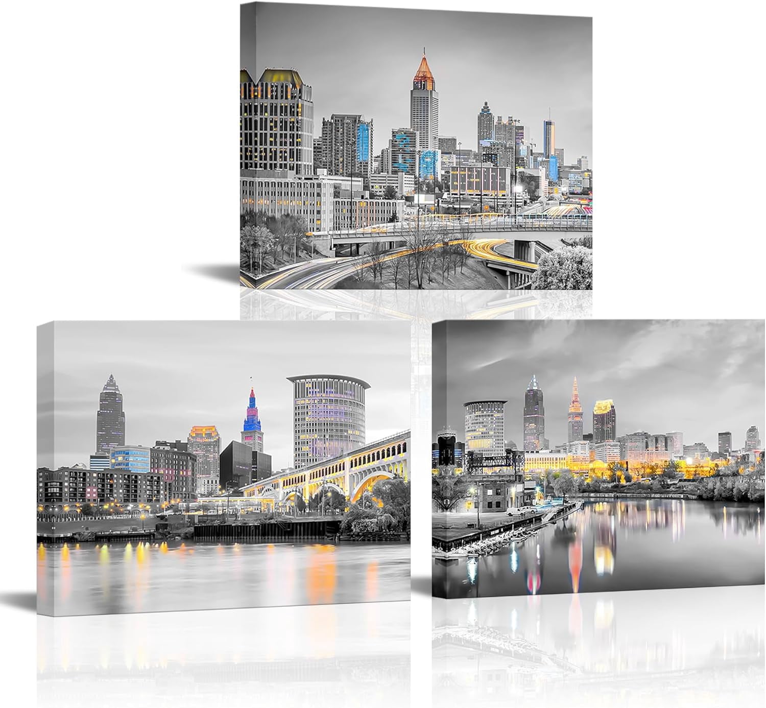 Modern Cityscape Canvas Wall Art, Black and White City Skyline Night ...