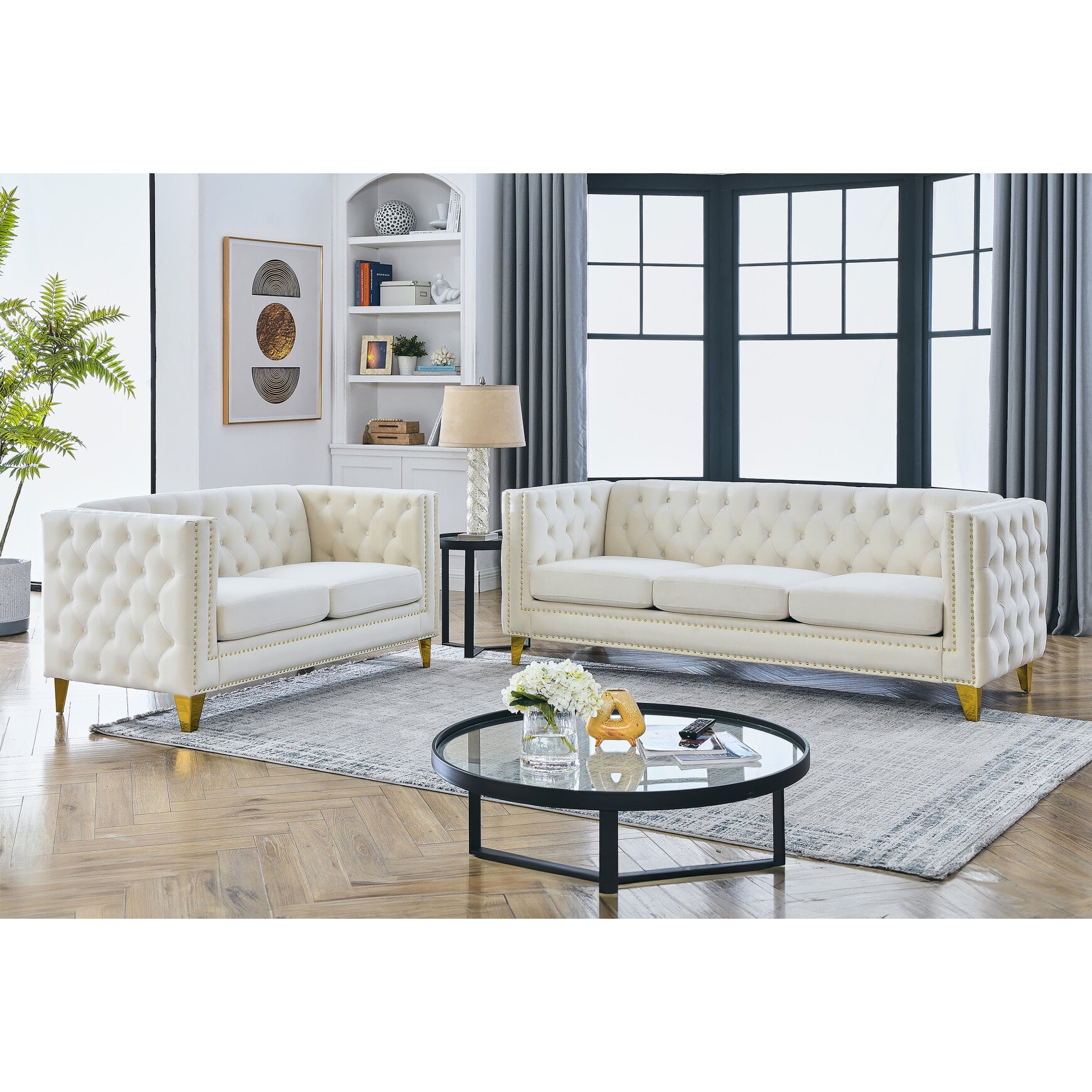 Modern Classic 3-Seater+ 2-Seater Sofa with Nailhead Trim, Buttons ...