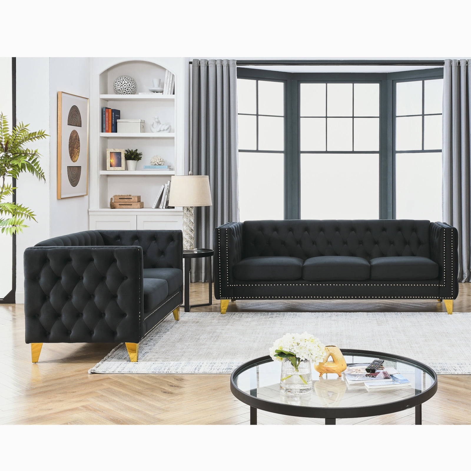 Modern Classic 3-Seater+ 2-Seater Sofa with Nailhead Trim, Buttons ...