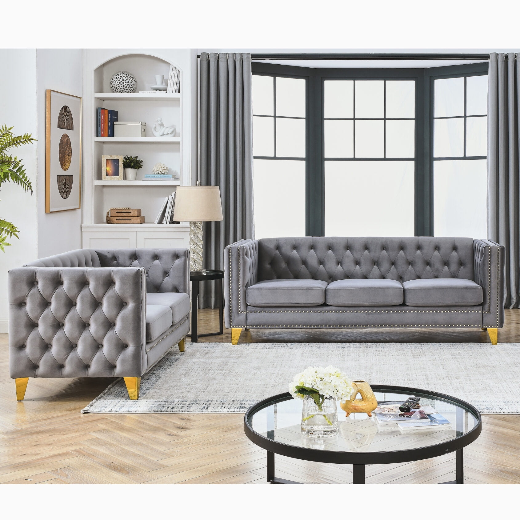 Modern Classic 3-Seater+ 2-Seater Sofa with Nailhead Trim, Buttons ...