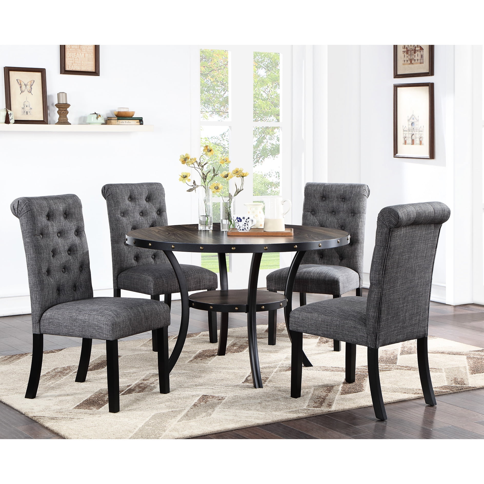 Modern Classic Round Dining Table With 4 Side Chairs, Charcoal Fabric ...