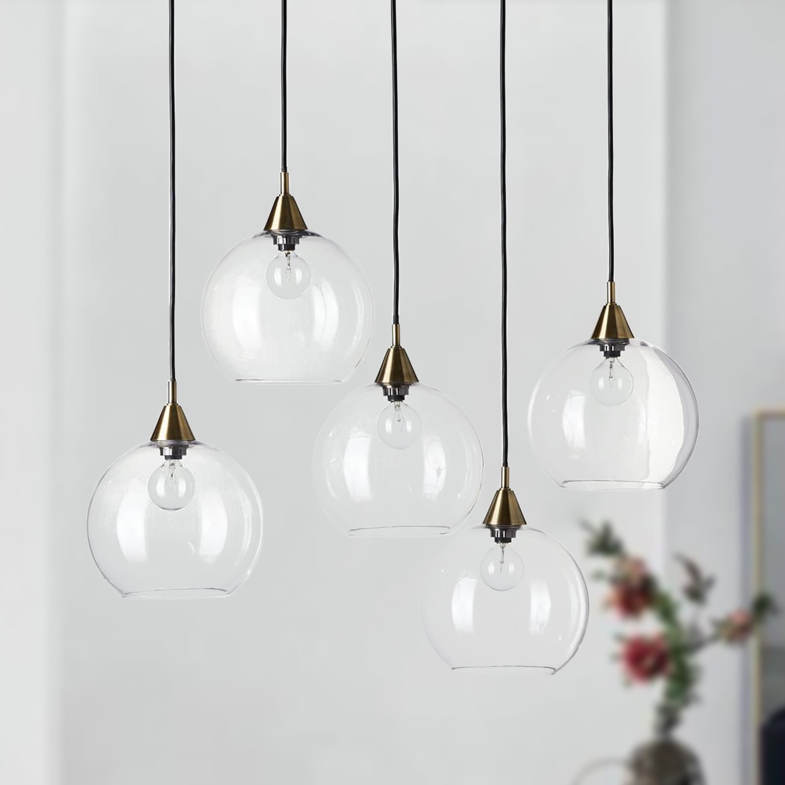 Modern Clear Glass Globe Bulb 5-Light Pendant Light with Black Metal ...