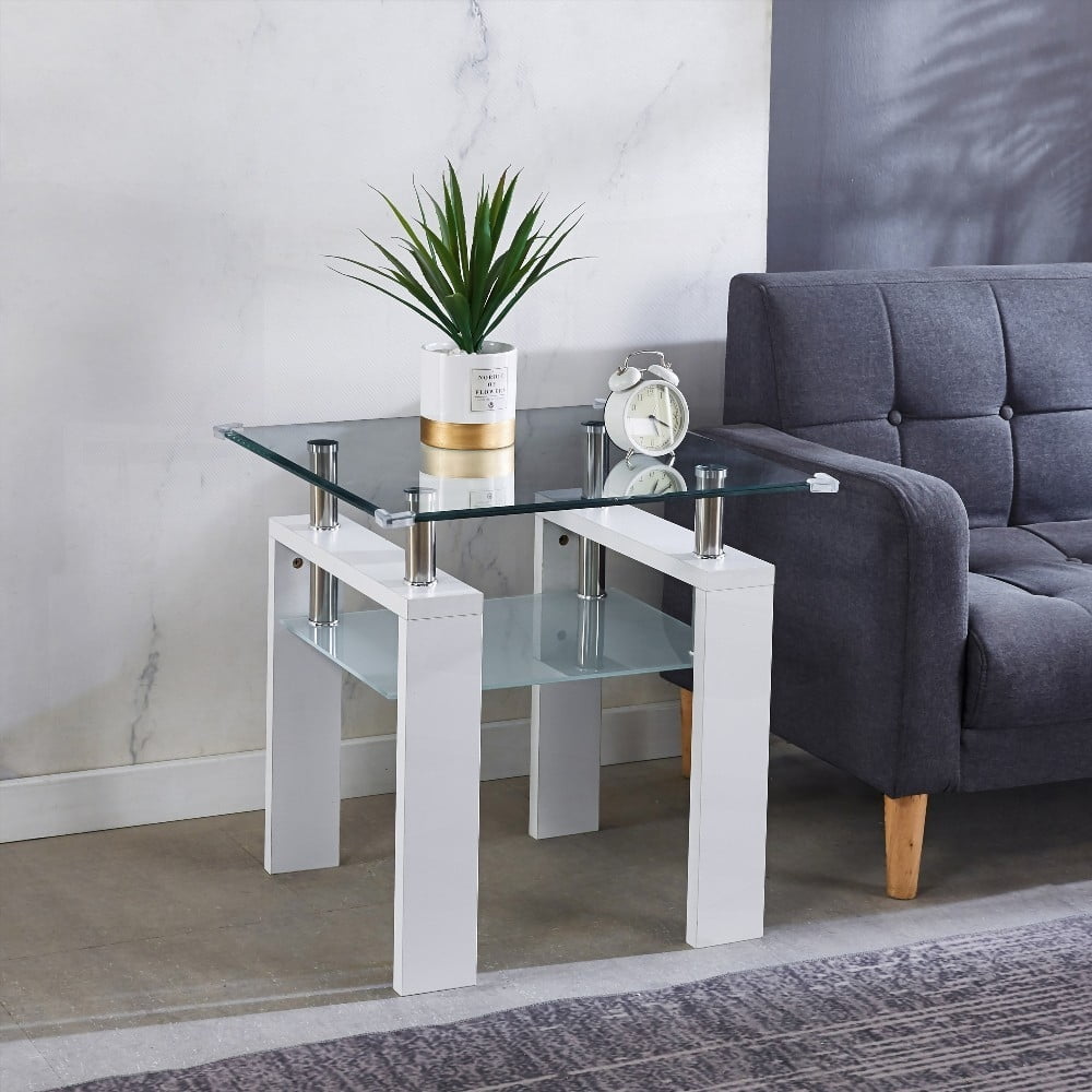 Modern Clear Glass Side Table, 24"x24"x24", Features Metal Gloss Legs ...