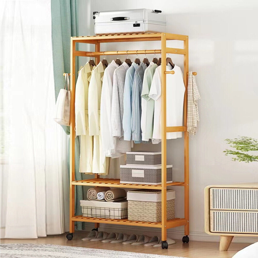 Modern Clothes Rack Stand Wooden Garment Storage Shelves Wheels Home ...