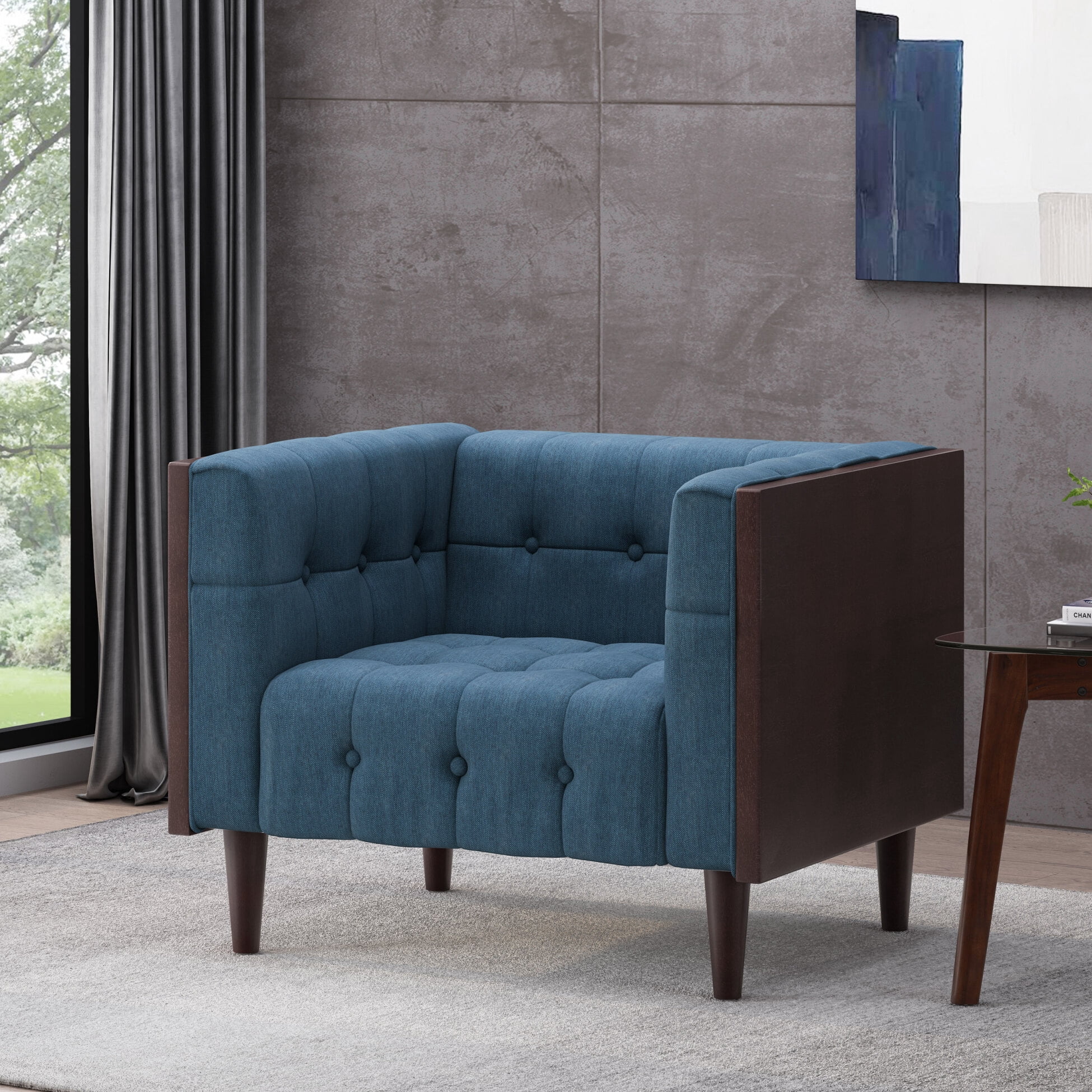 Modern Club Chair with Button-Tufted Waffle Stitch, Solid Wood Frame ...