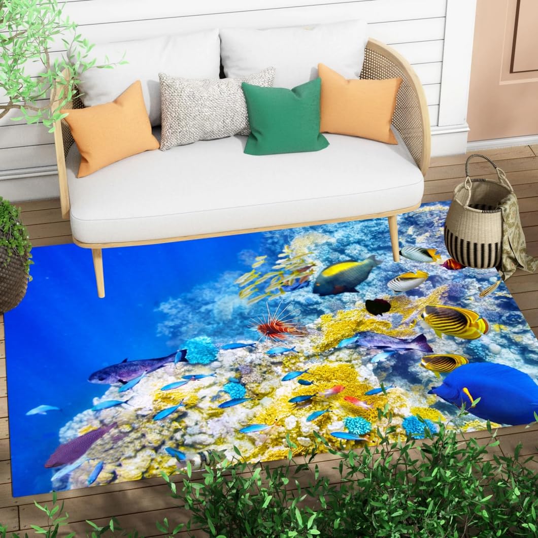 Modern Coastal Underwater Outdoor Rug Tropical Ocean Life Fish Coral 3D ...