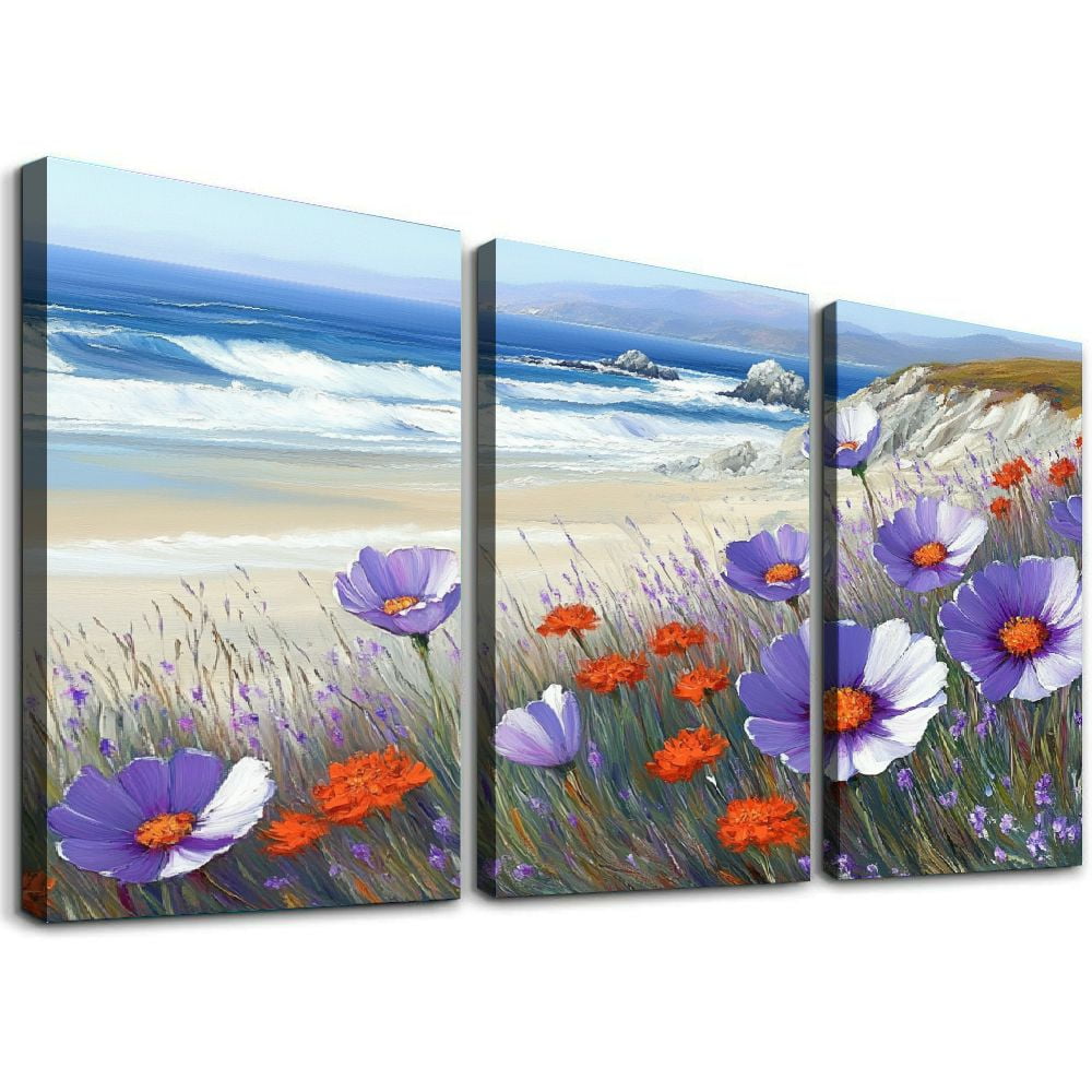 Modern Coastal Wall Art - Blue Ocean & Daisy Triptych Prints for Living ...