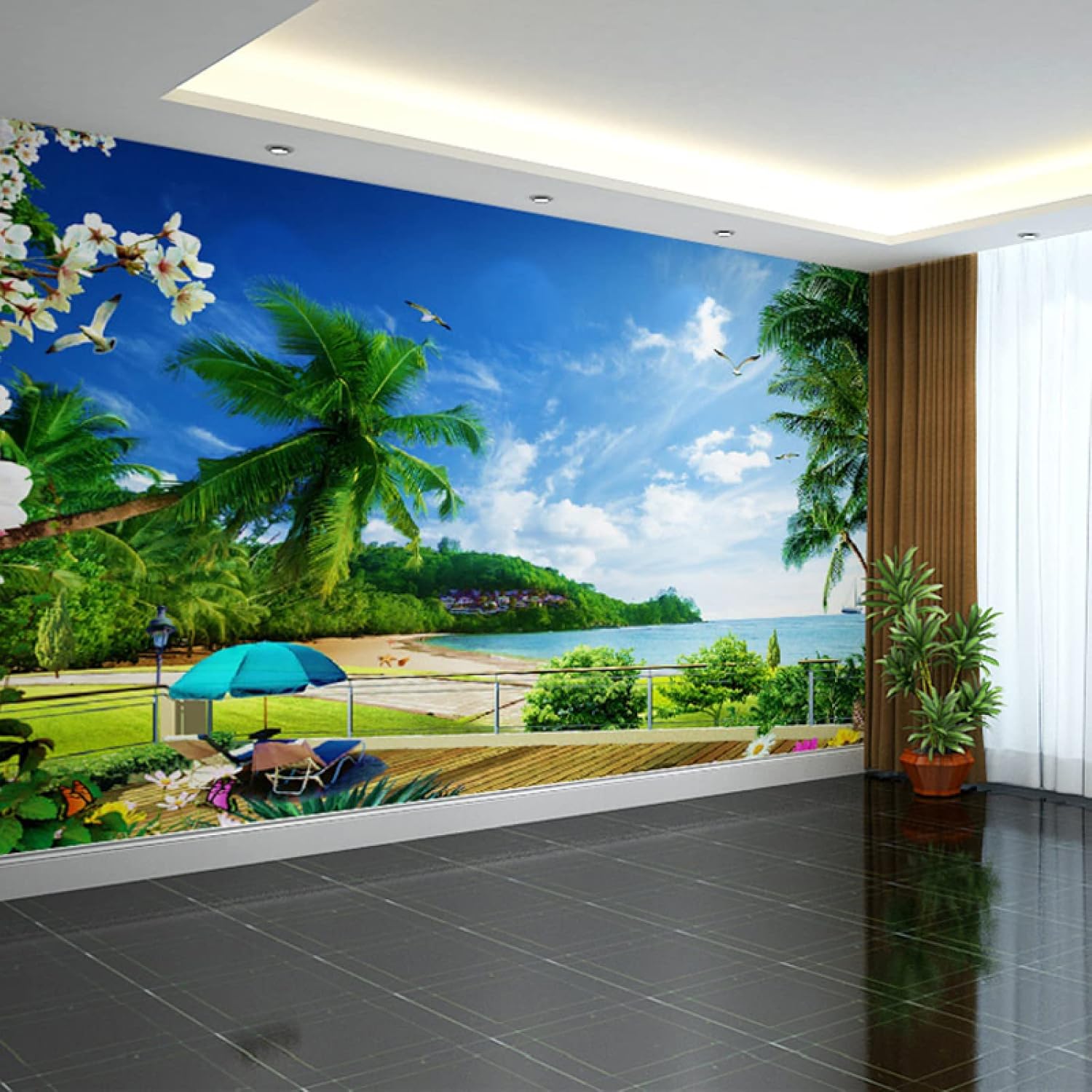 Modern Coconut Tree Seascape Flowers 3D Wall Murals Wallpaper, Natural ...