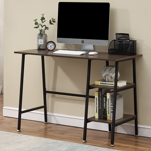 Modern Coffee Computer Desk with 2-Tier Removable Storage Shelves ...