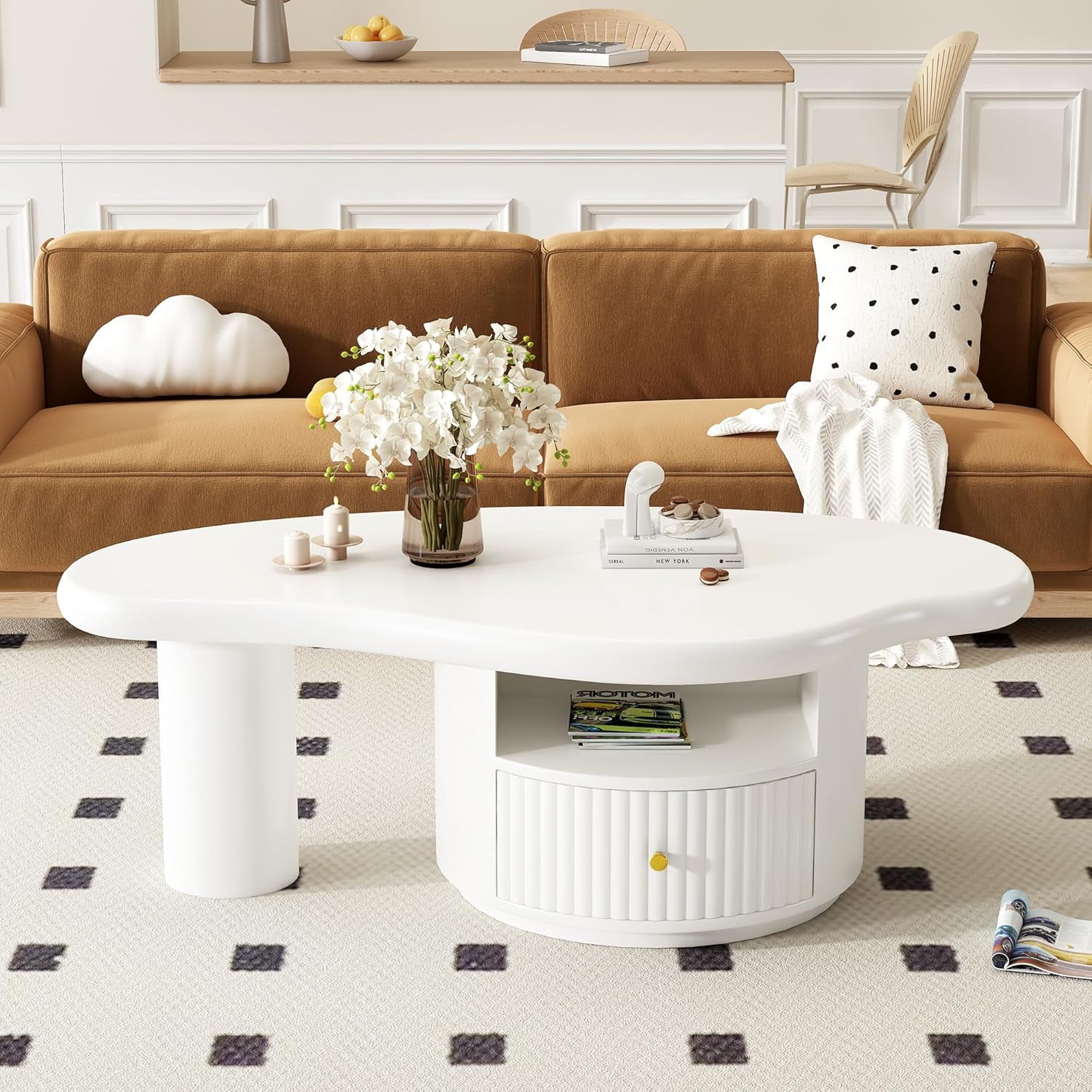 Modern Coffee Table, Irregular Shape Coffee Table with 1 Dreawer and ...
