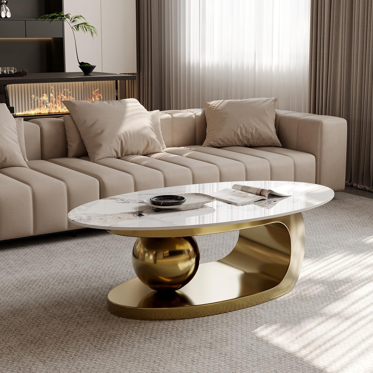 Modern Coffee Table for Living Room, 51.2" Oval Coffee Table with ...