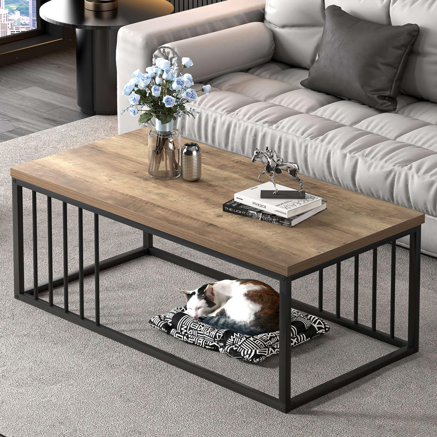 Modern Coffee Table, Minimalist Wood and Metal Center Table for Living ...