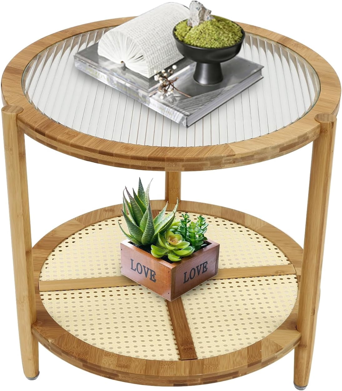 Modern Coffee Table Round End Table with Glass Top & Rattan Storage ...