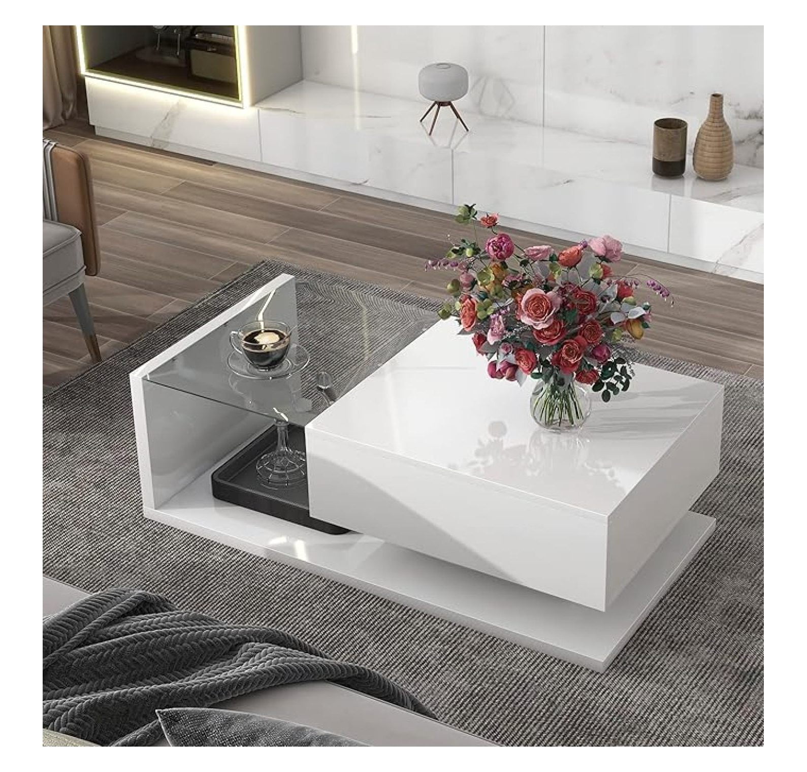 Modern Coffee Table with Tempered Glass, 39.3'' Wood Cocktail Table with Storage, High-Gloss UV ...