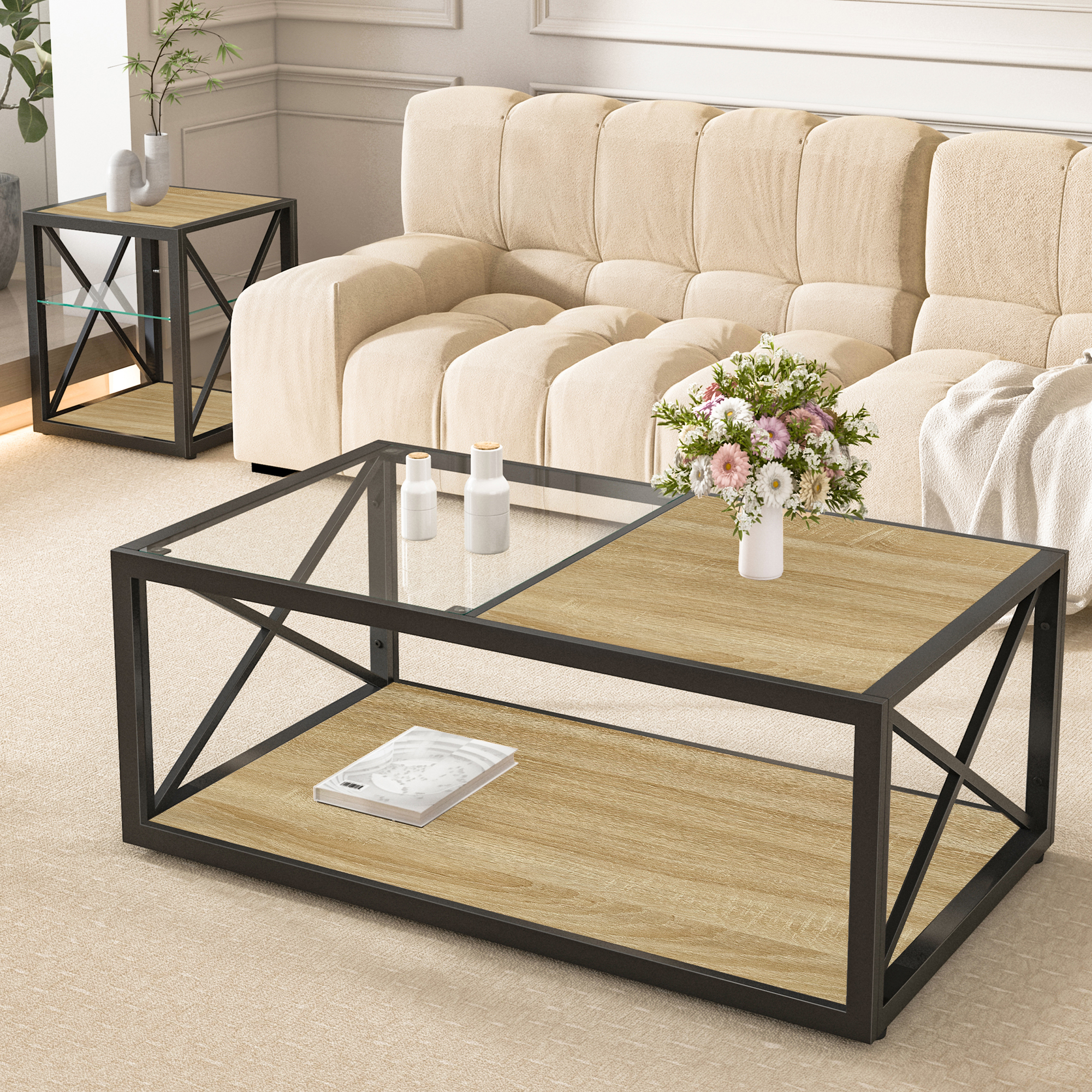 Modern Coffee Table, Tempered Glass Natural Wood Mdf Top , Industrial ...