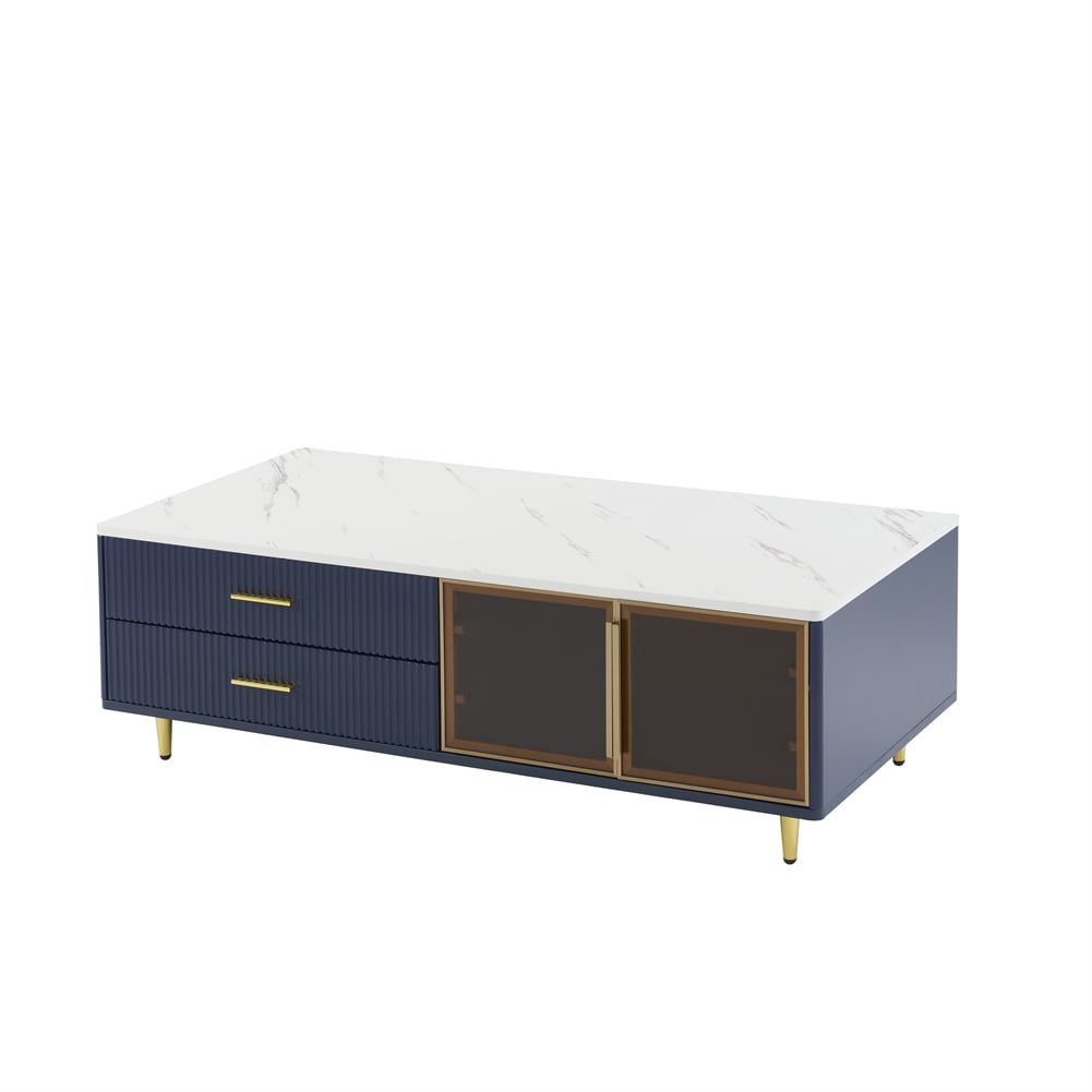 Modern Coffee Table With 2 Glass Doors And 4 Drawers, Rectangular ...