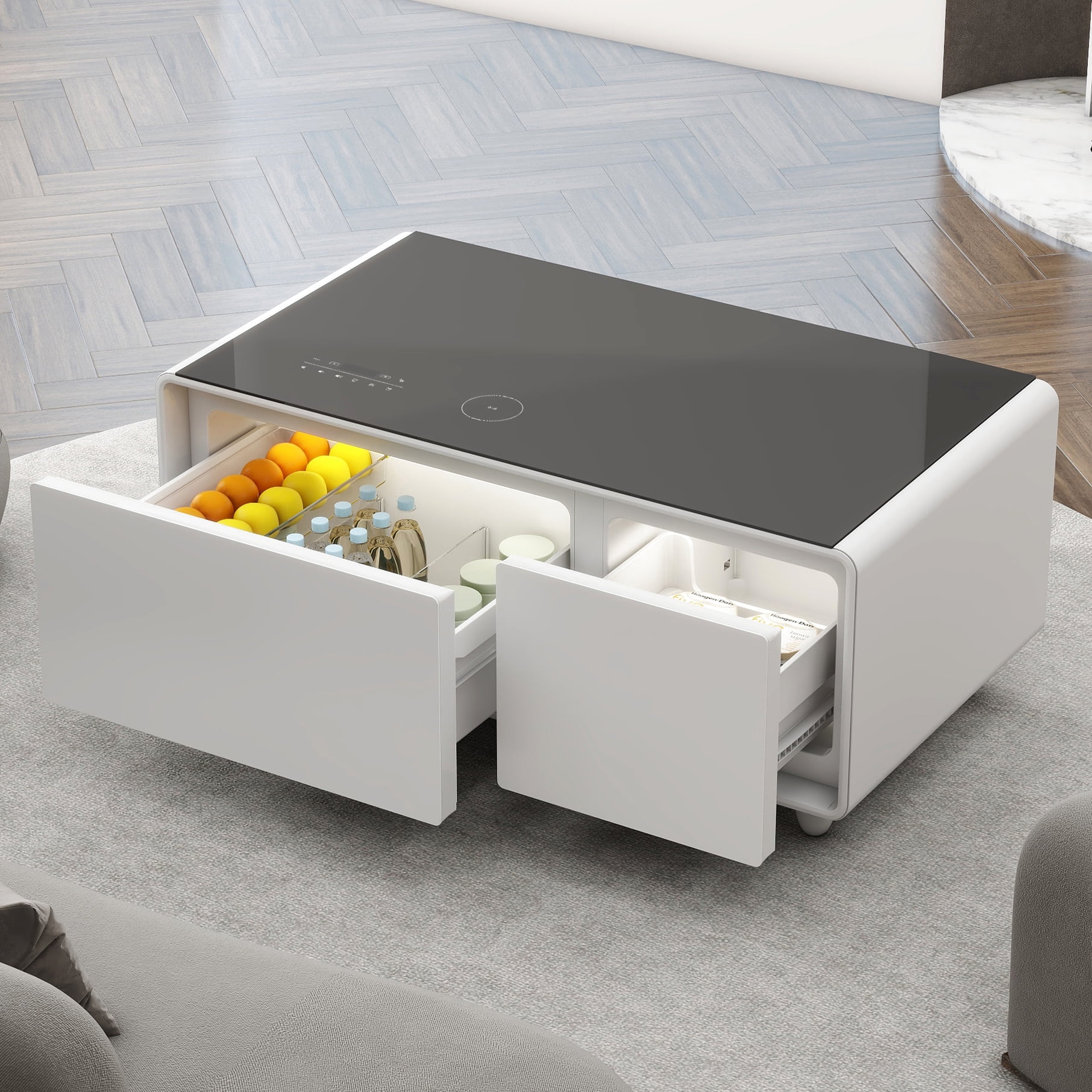 Modern Coffee Table With Built-in Fridge, Wireless Charging Feature, Atmosphere , Ports, White ...