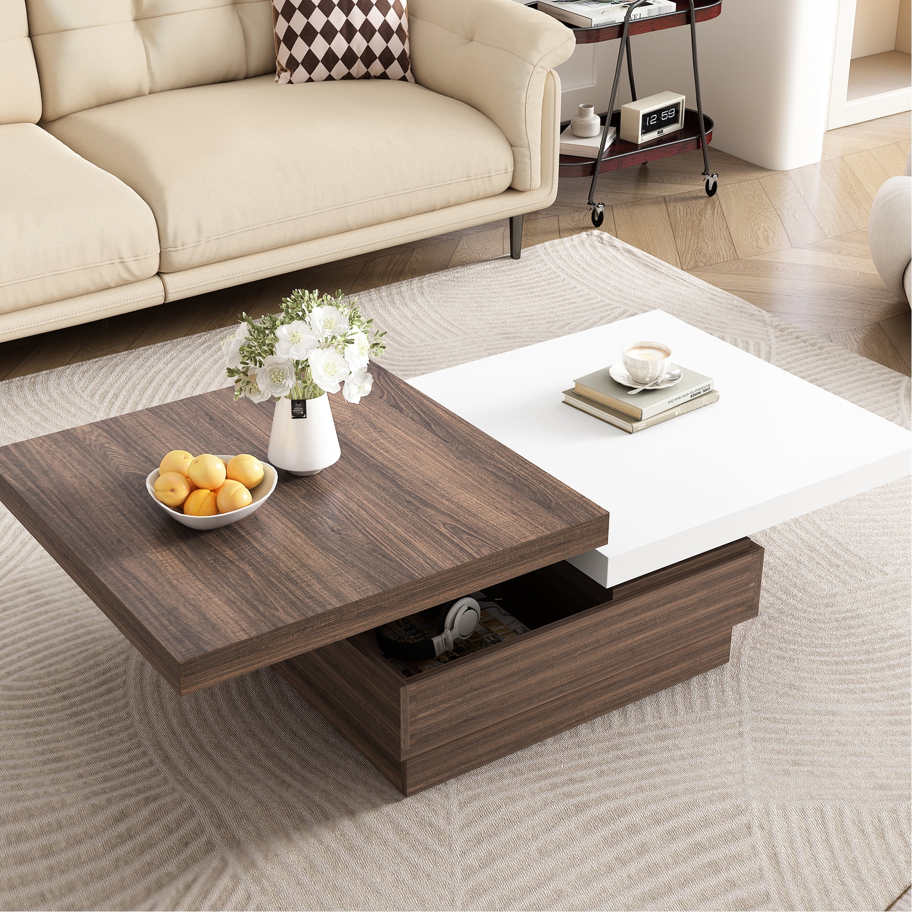 Modern Coffee Table With Rotatable Design And Concealed Storage, White ...