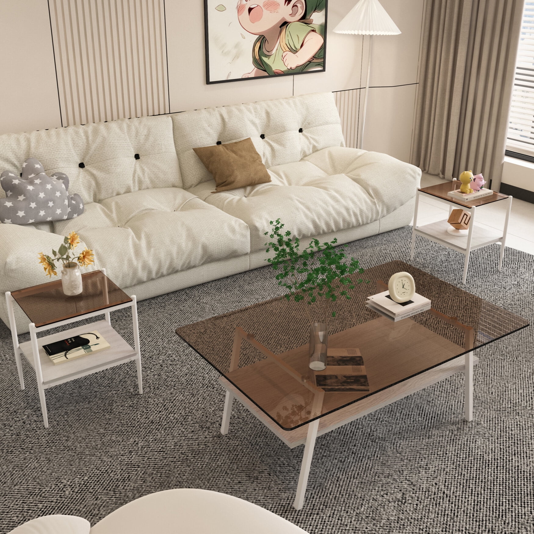 Modern Coffee Table and End Tables Set of 3, Tempered Glass with MDF ...