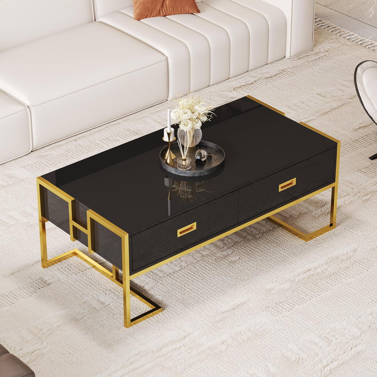 Modern Coffee Table with 4 Drawers and Gold Base, 47.3" Rectangular ...