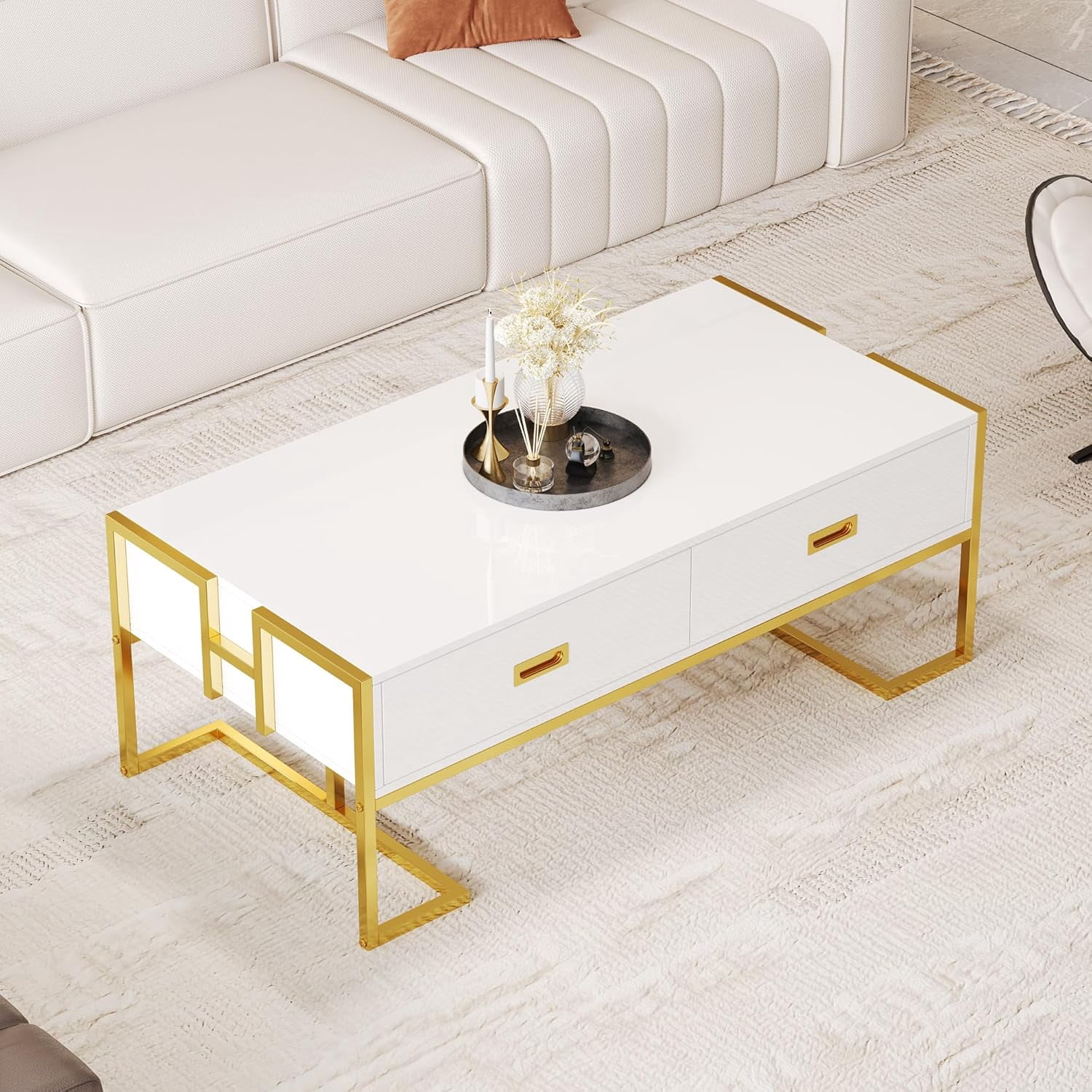 Modern Coffee Table with 4 Drawers and Gold Base, 47.3" Rectangular ...
