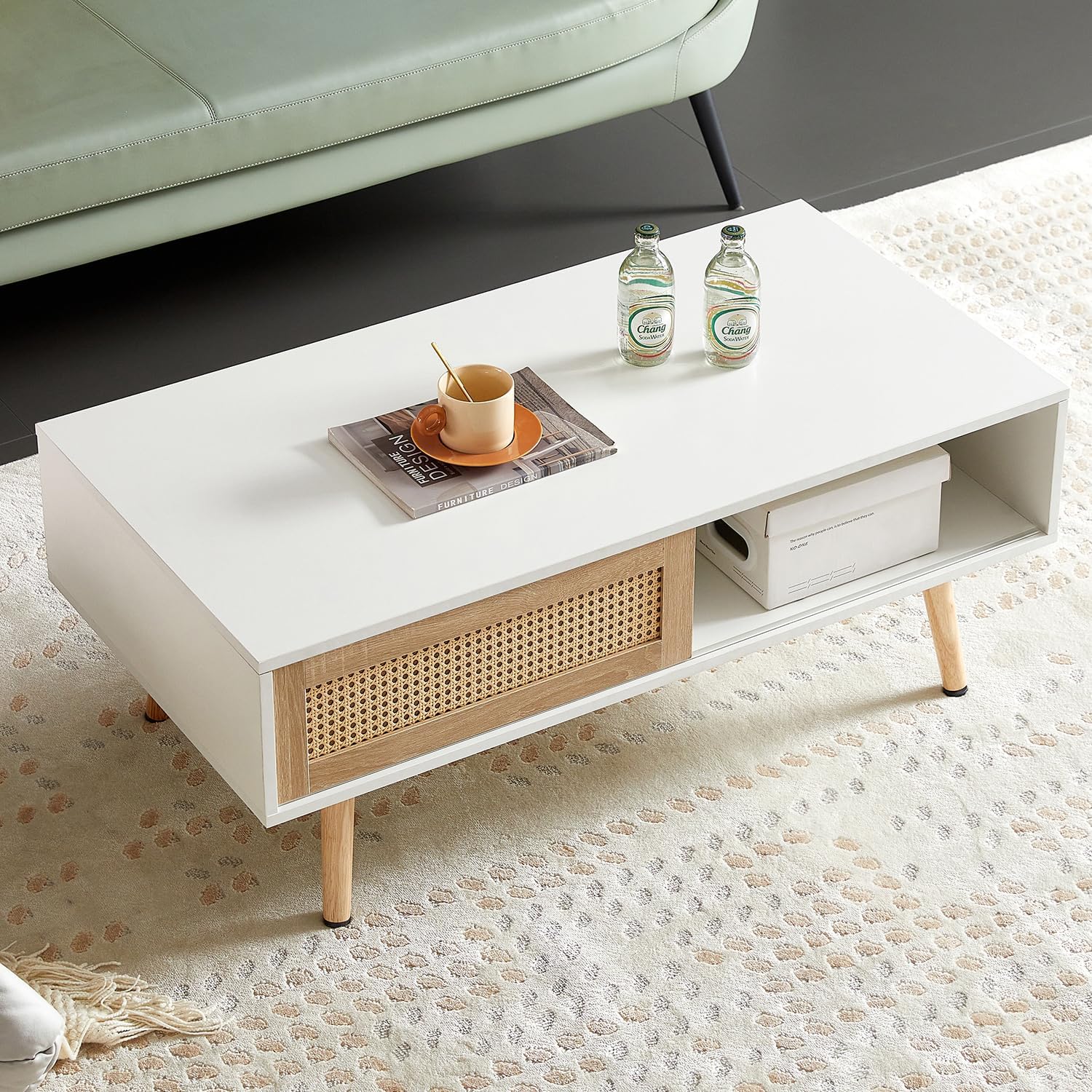Modern Coffee Table with Rattan Sliding Door，Stable Floor-Anti ...