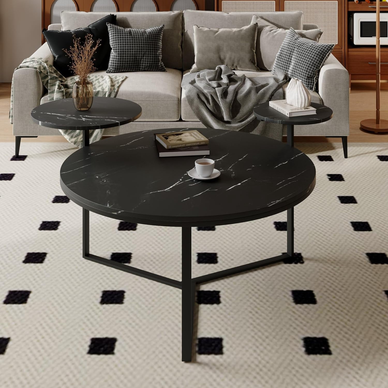 Modern Coffee Table with Two Display Shelves, Black Faux Marble Surfaces, Tripod-Inspired Base ...