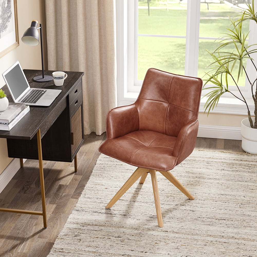 Modern Cognac Leather Swivel Arm Chair with Wood Legs in Home Office ...