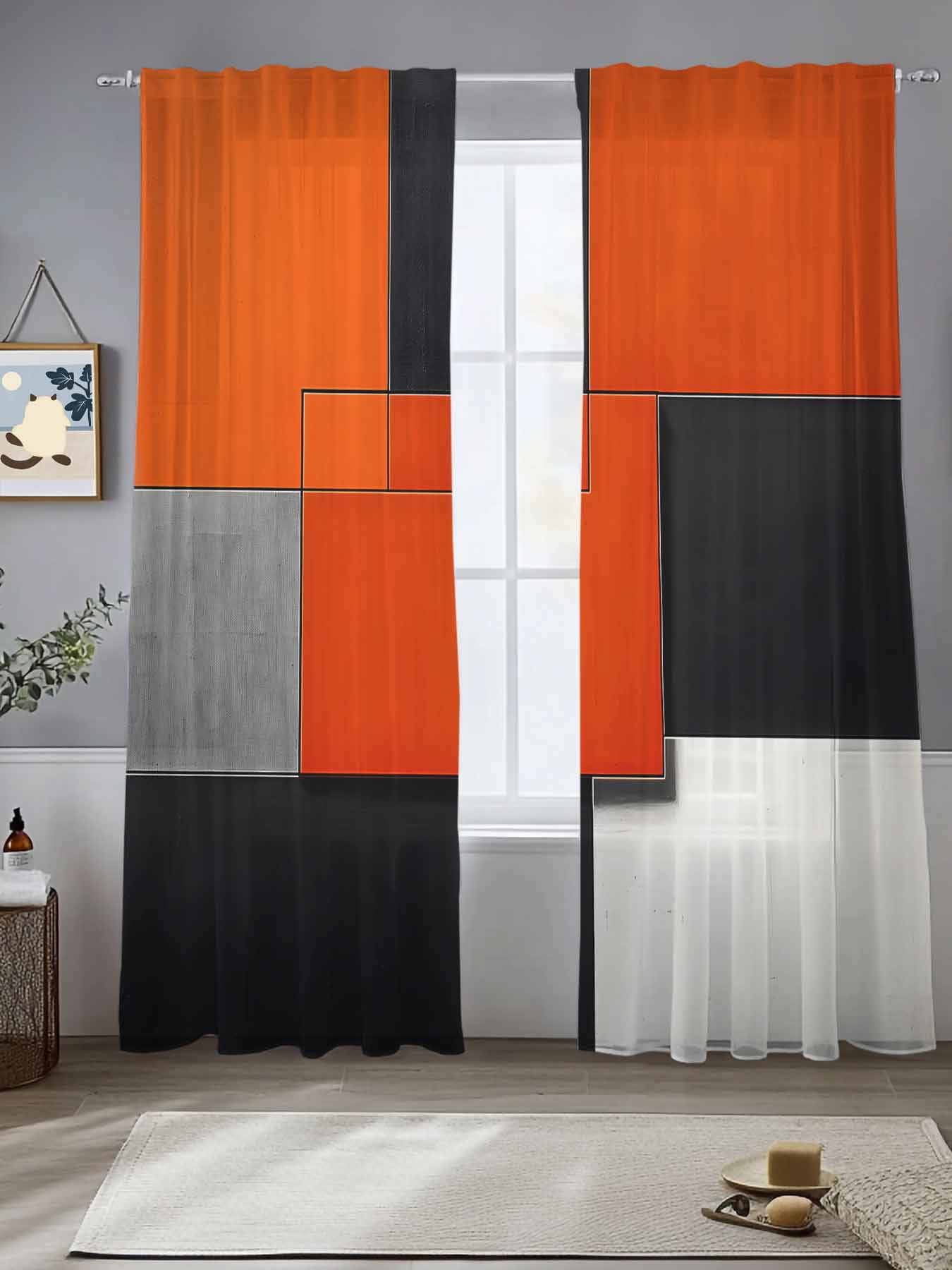 Modern Color Block Sheer Curtains 108 Inches Long 2 Panels Orange Black ...