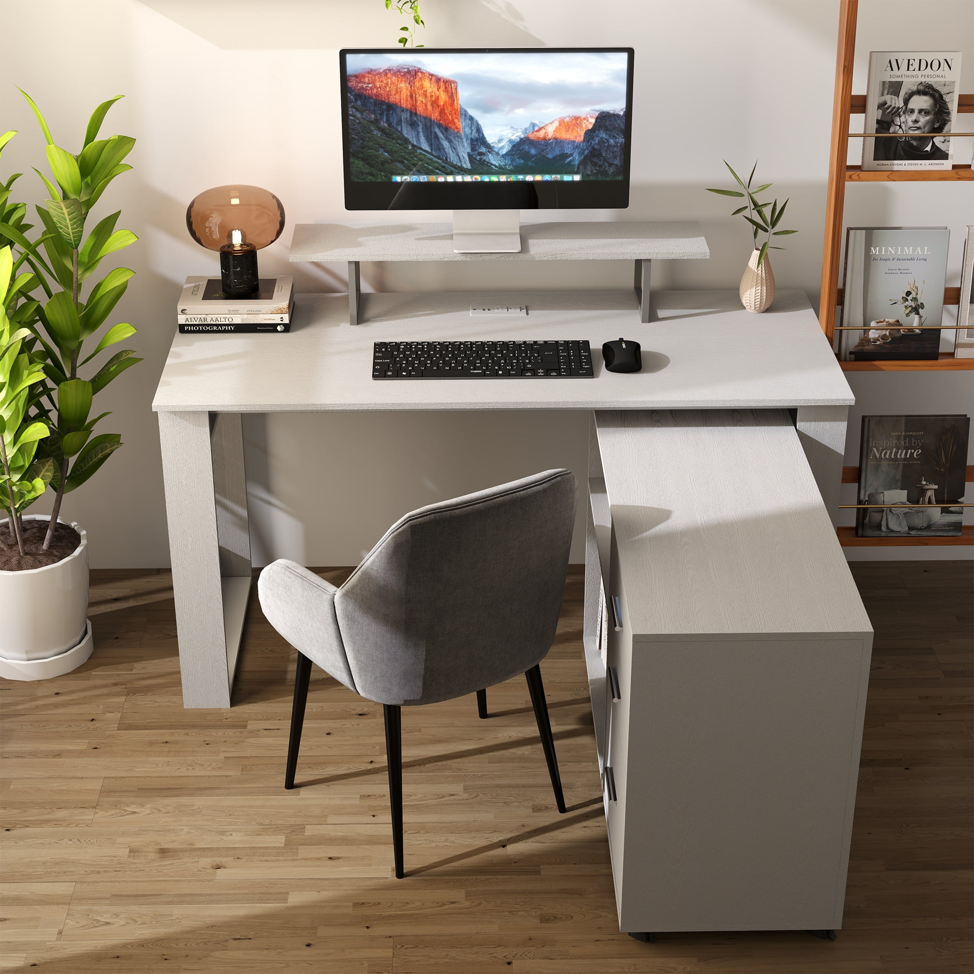 Modern Combo Computer Desk with Storage Cabinet and Monitor Stand ...