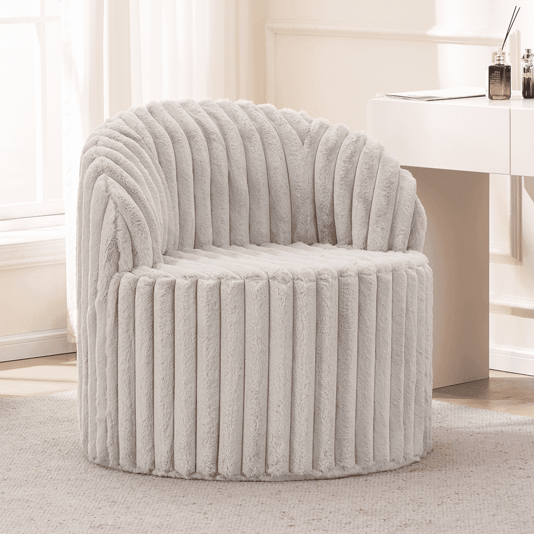 Modern Comfy Round Accent Chair, Faux Rabbit Fur Upholstered Reading ...