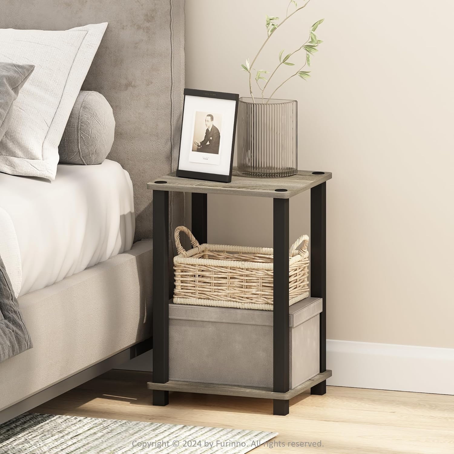 Modern Compact Nightstand - French Oak & Black Two-Tone Finish - Slim ...