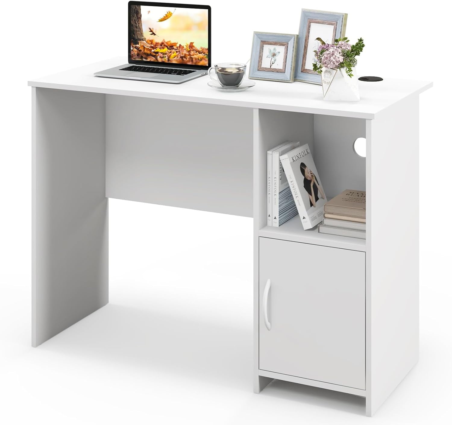 Modern Computer Desk with Cabinet Writing Study Desk with Cable Holes ...