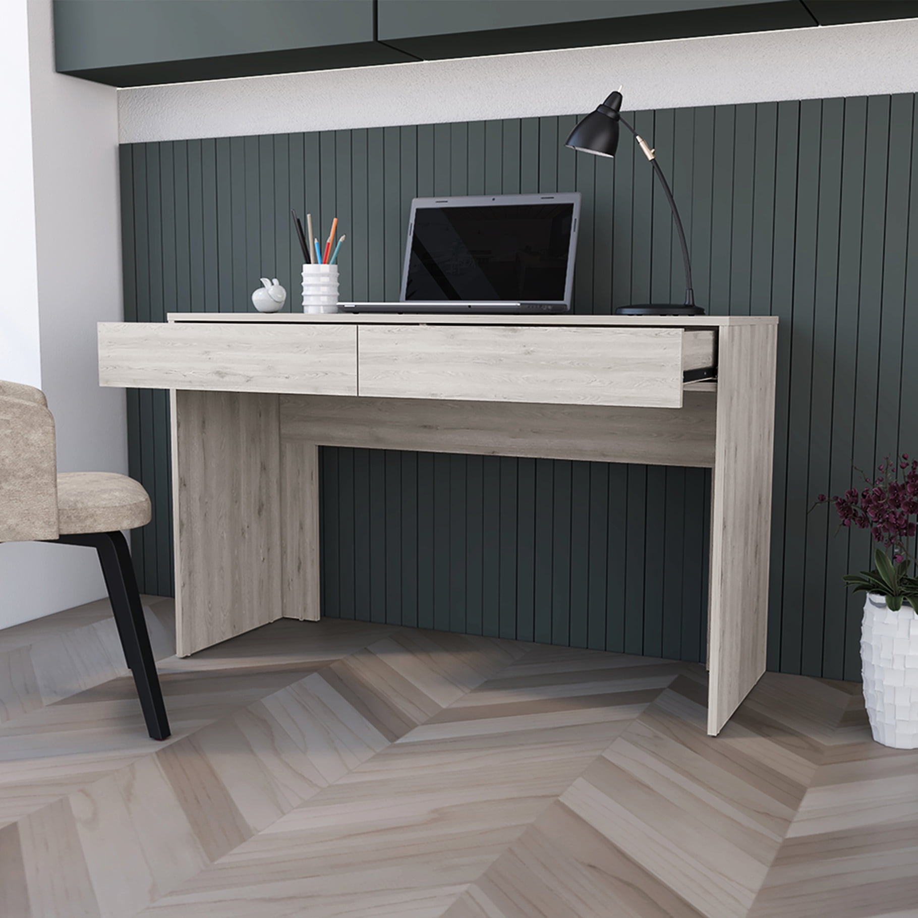 Modern Computer Desk In Gray - Two Drawers For Neat And Practical ...