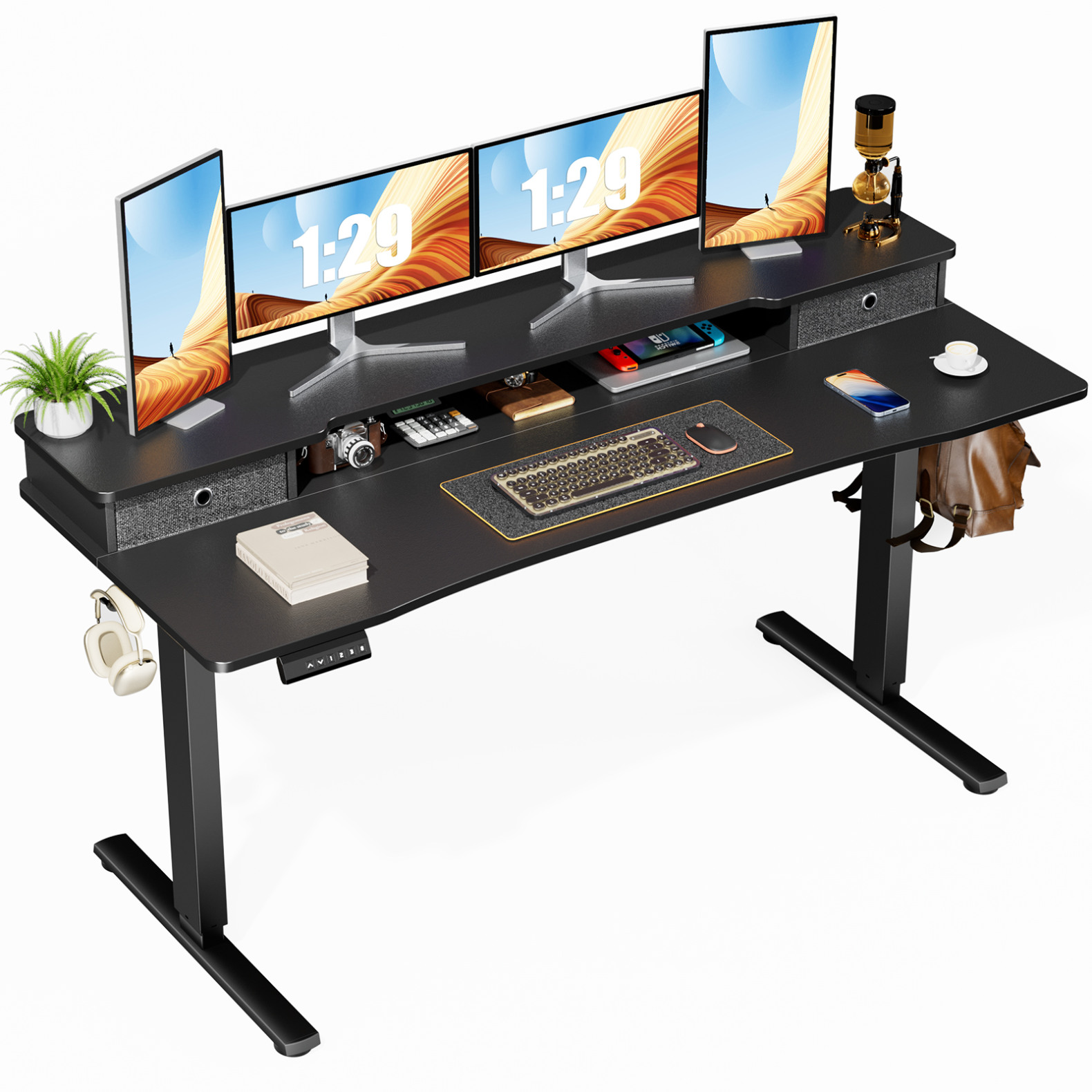 Modern Computer Desk with Monitor Stand, Open Shelves and 2 Drawers ...