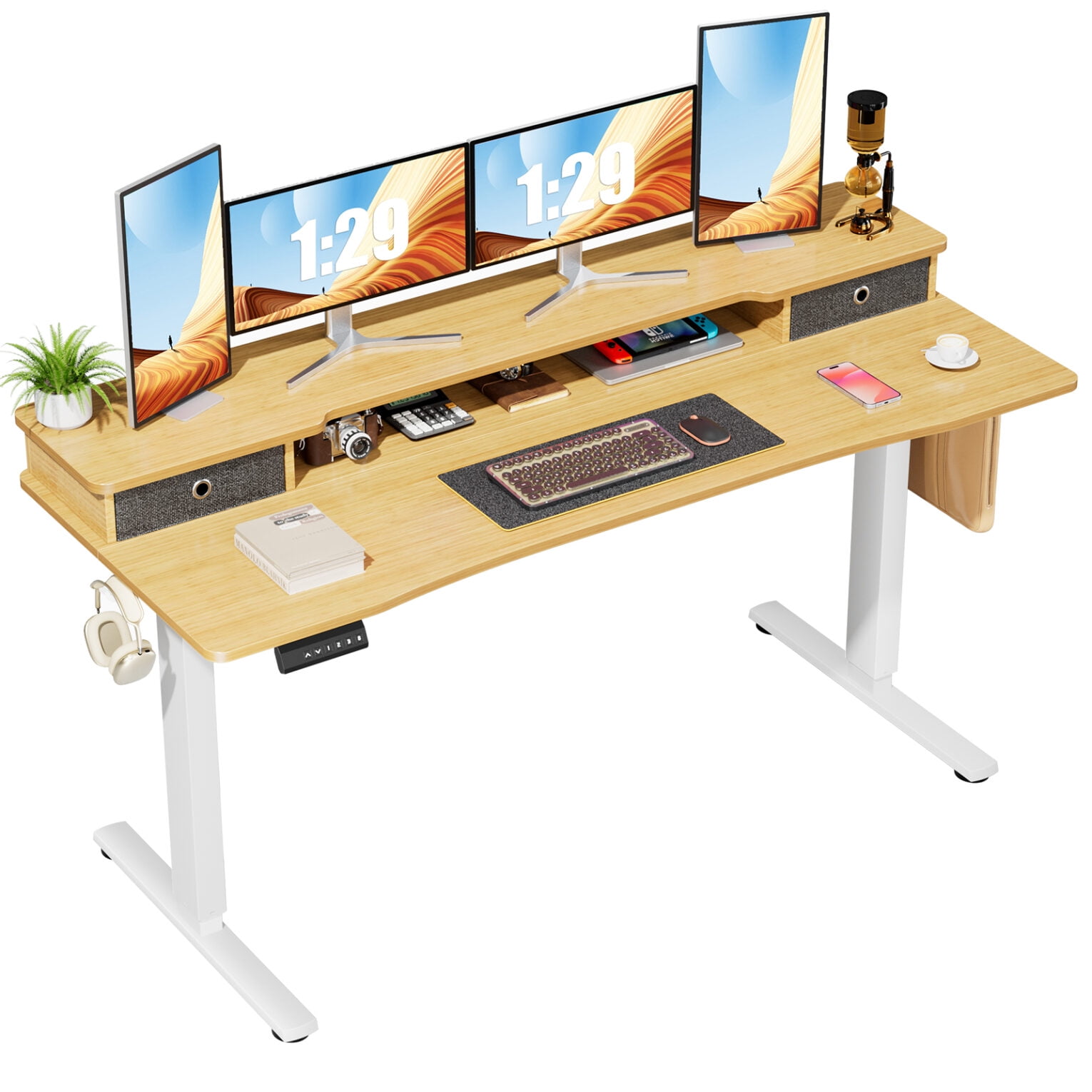 Modern Computer Desk with Monitor Stand, Open Shelves and 2 Drawers ...