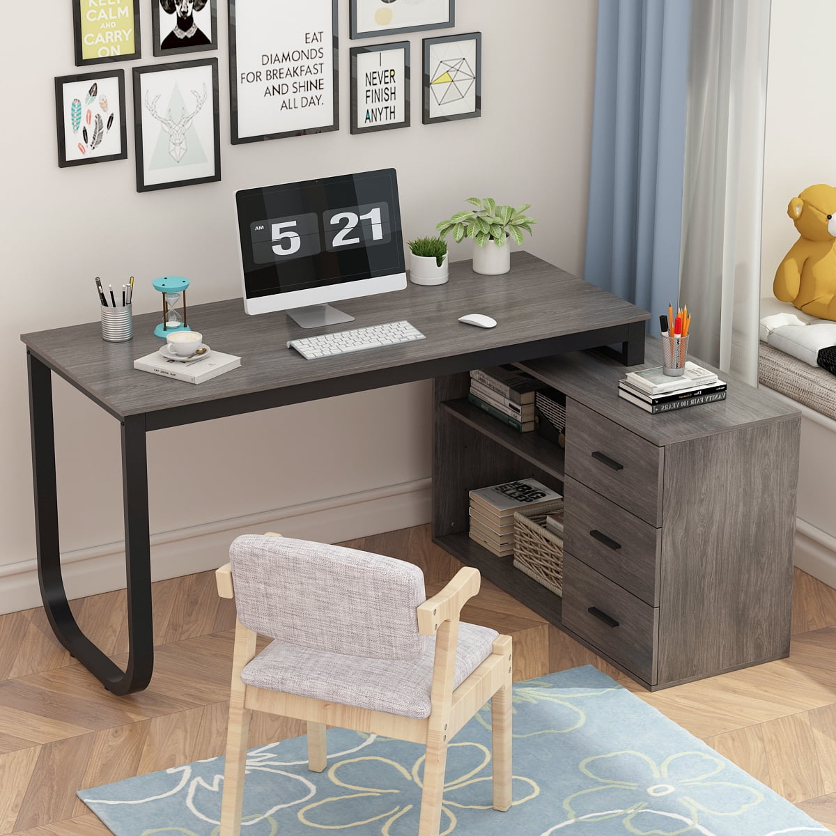 Modern Computer Desk with 3 Drawers Office Writing Desk with Hutch Gray ...