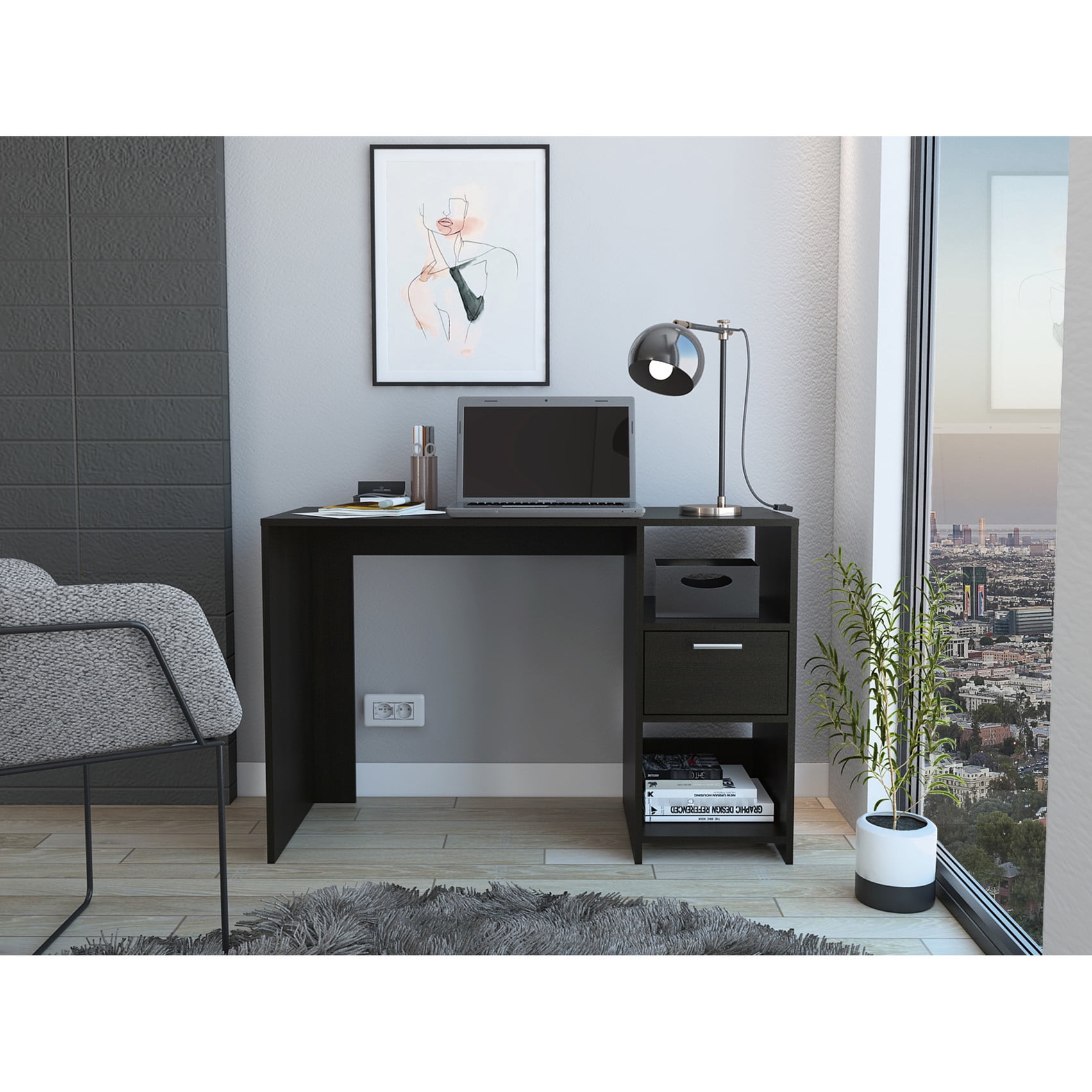 Modern Computer Desk with Drawer and Open Compartments / Suits Office ...