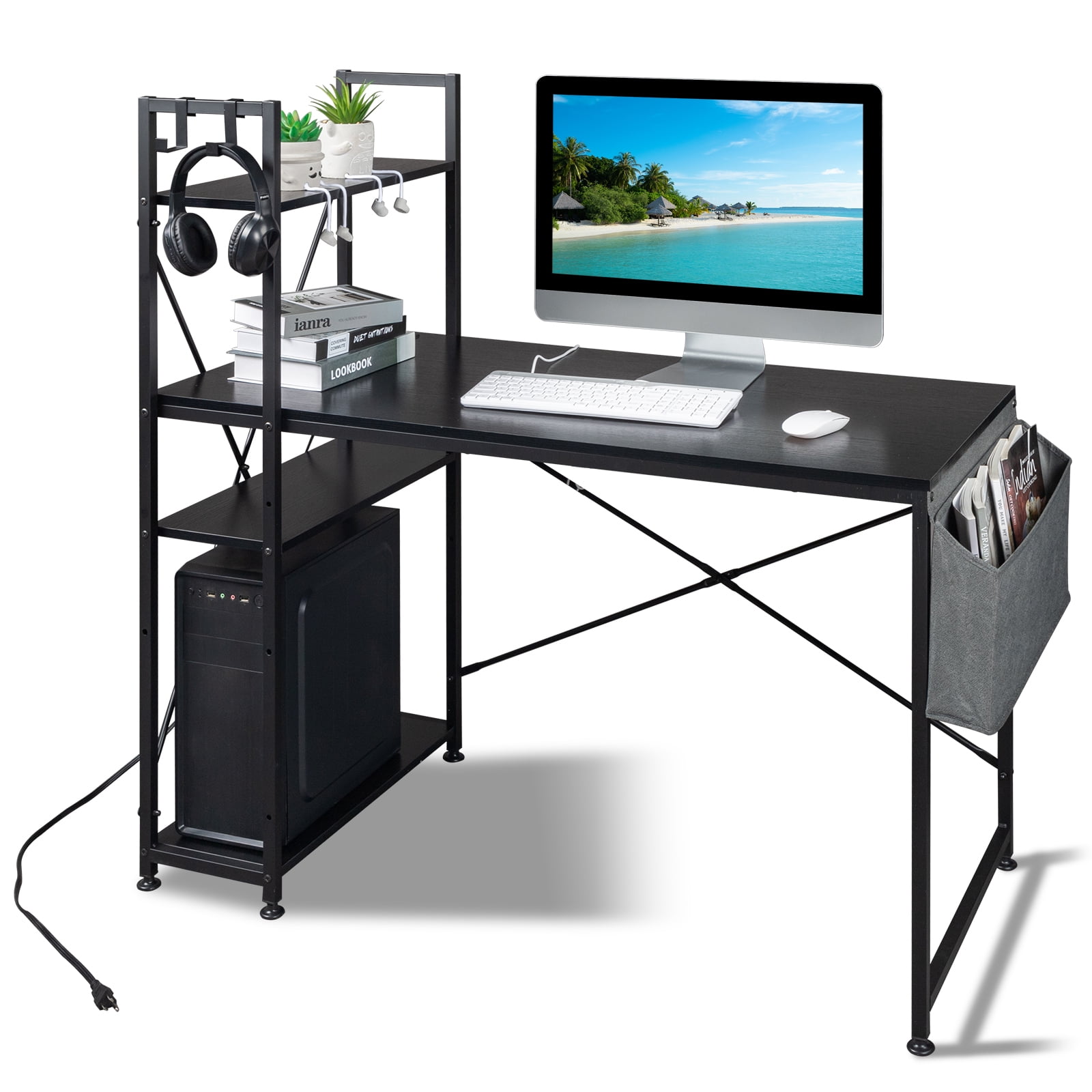 Modern Computer Desk with Storage Shelves, Metal Study Writing Table ...